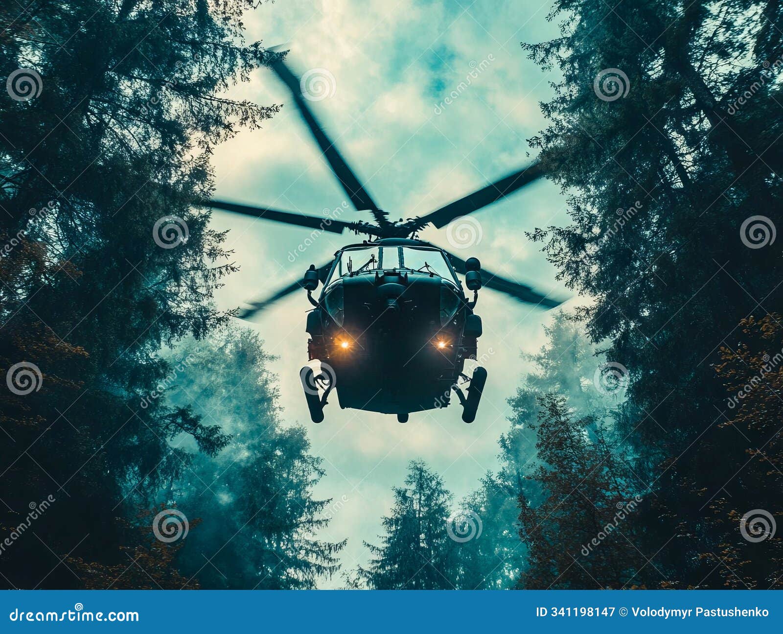A Helicopter Flying through a Forest Filled with Trees Stock Image ...
