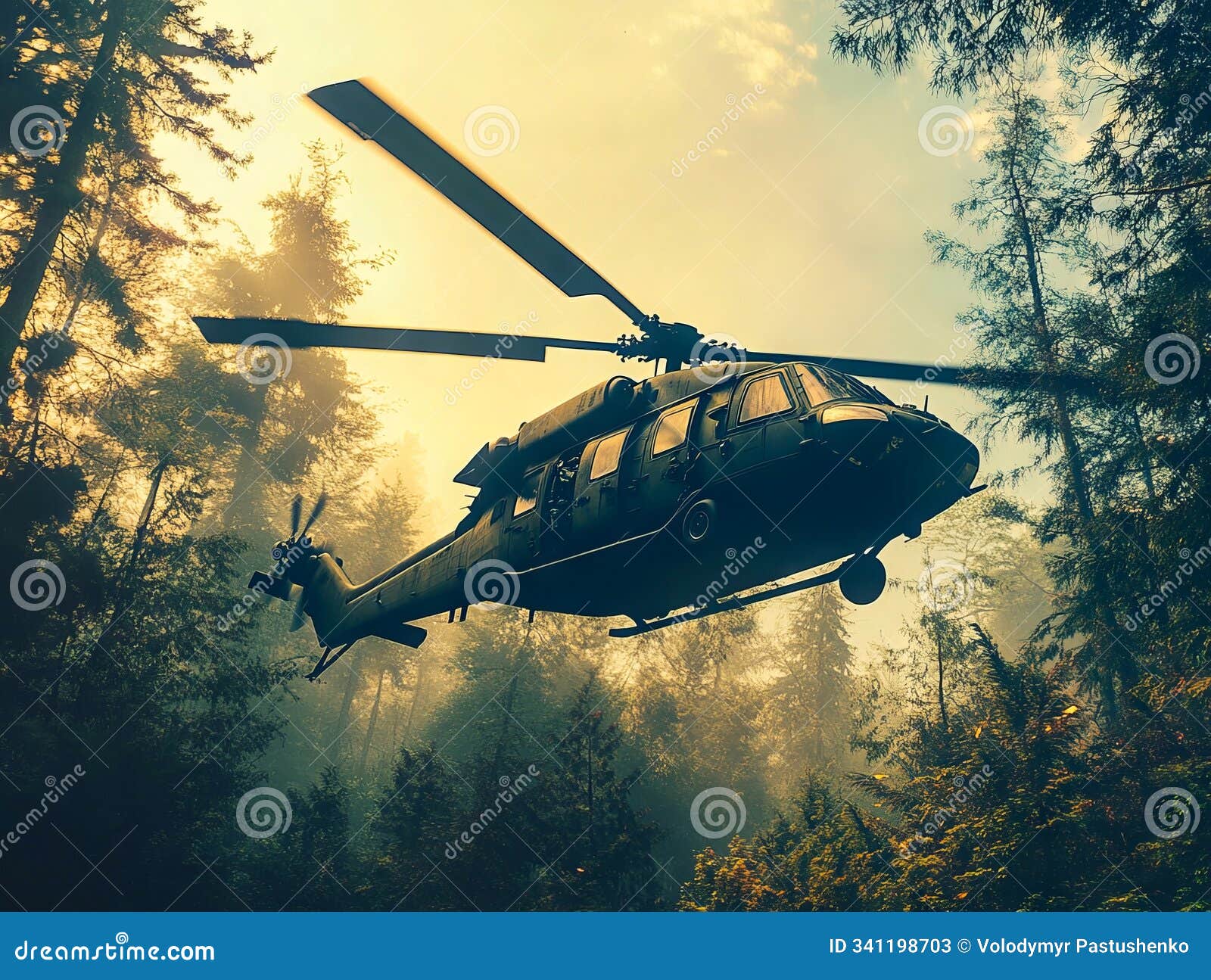 A Helicopter Flying through a Forest Filled with Trees Stock Image ...