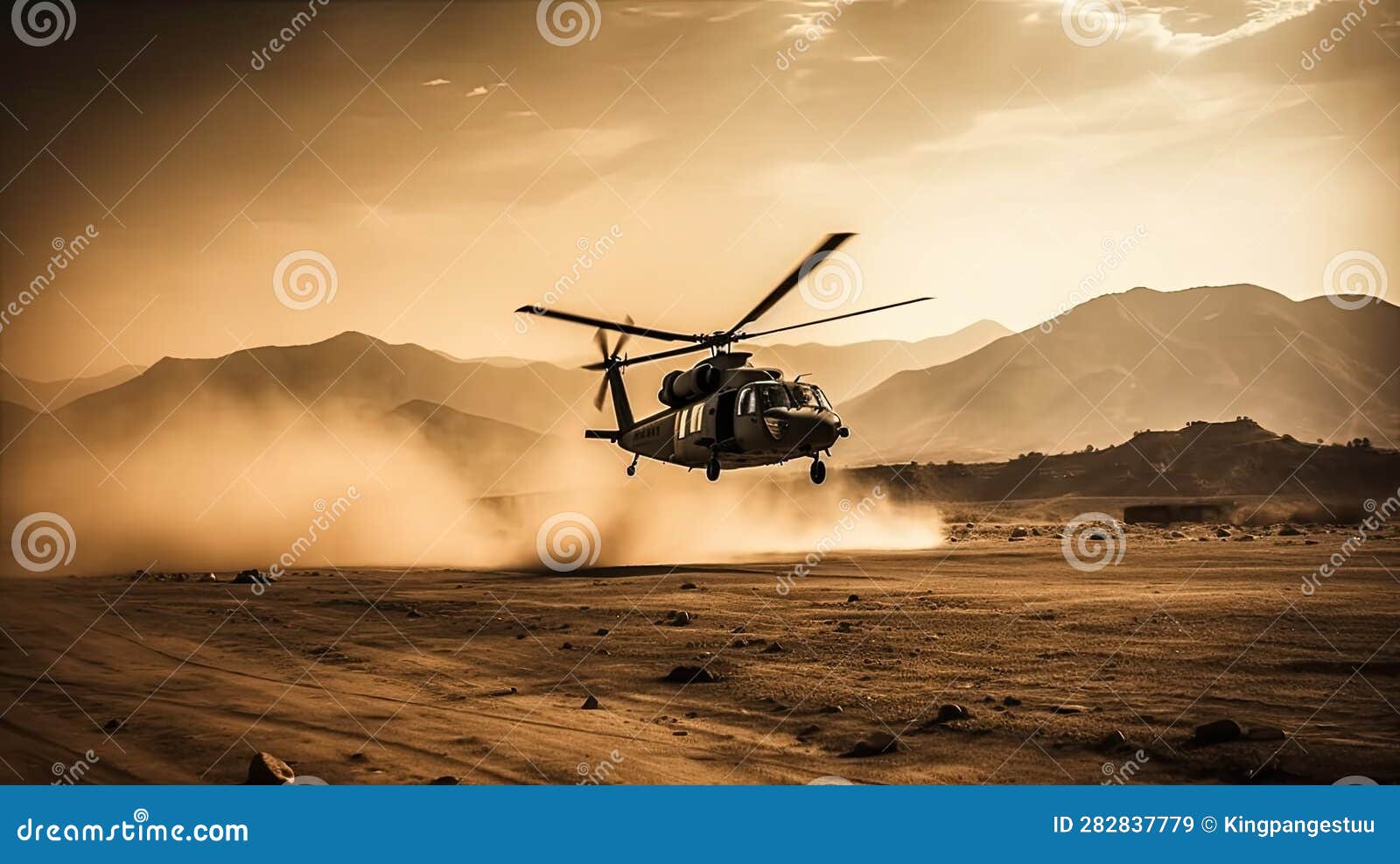 Helicopter Flying and Landing in the Desert Stock Illustration ...