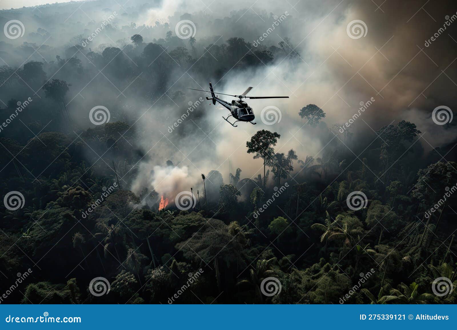 Helicopter Flying Low Over Jungle, with Thick Smoke Billowing from ...