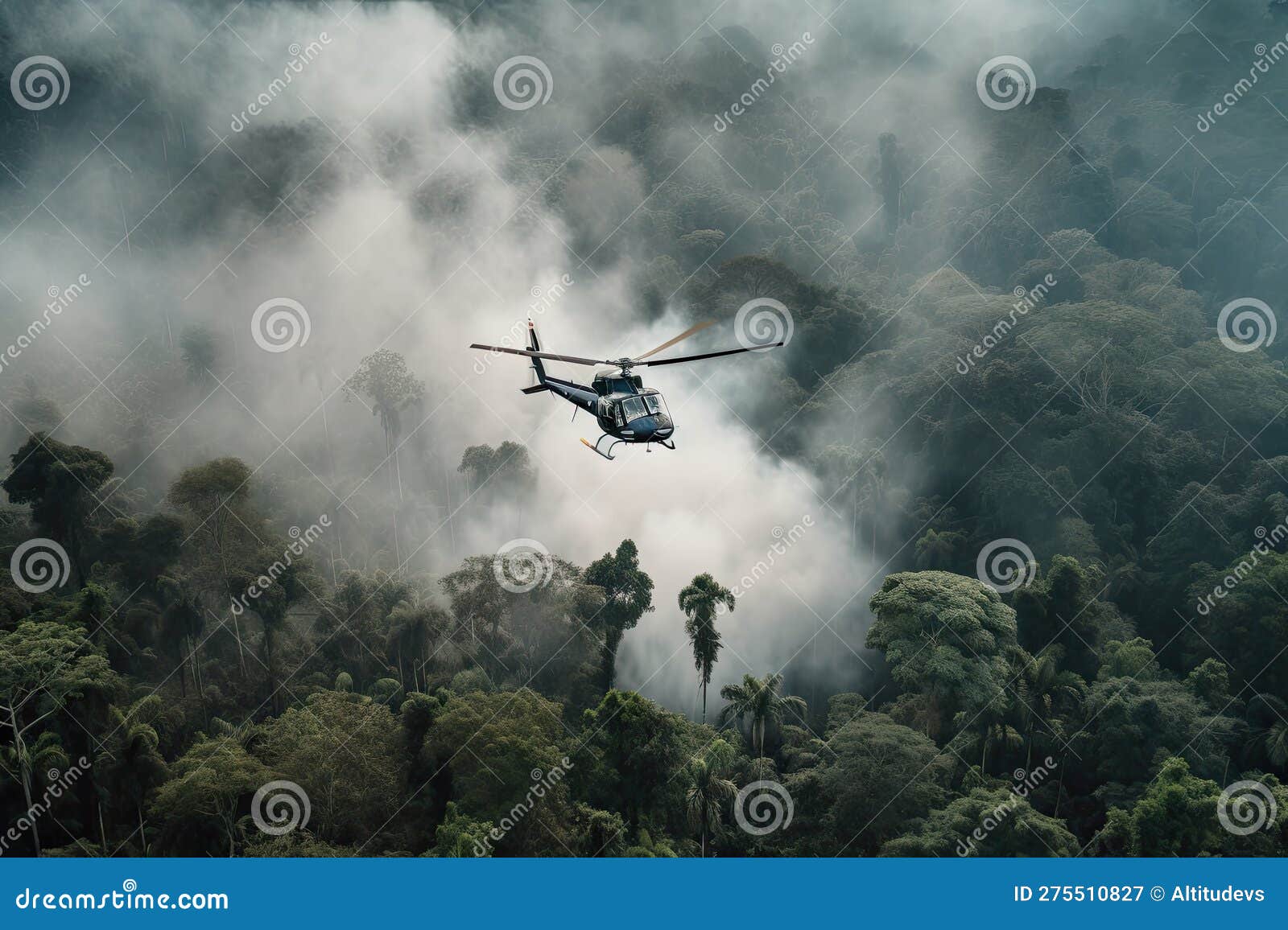 Helicopter Flying Over Dense Jungle, with Smoke Billowing from Below ...