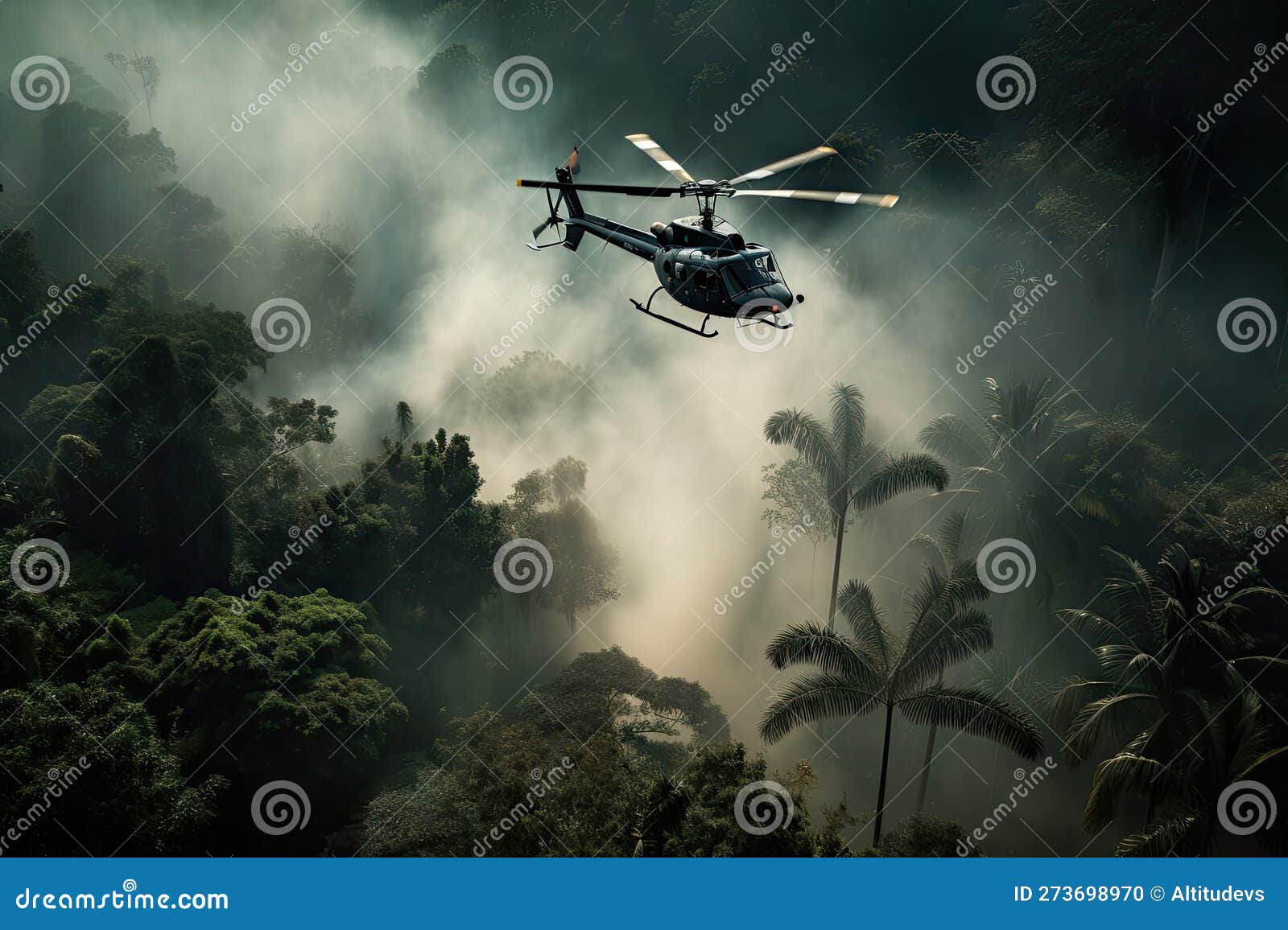 Helicopter Flying Over Dense Jungle, with Smoke Billowing from Its ...