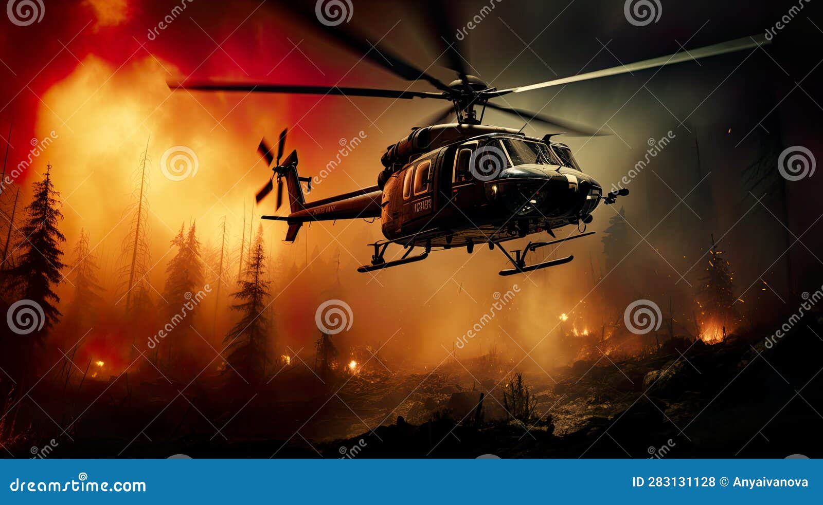 A Helicopter Flying Over a Forest Filled with Trees. Generative AI ...