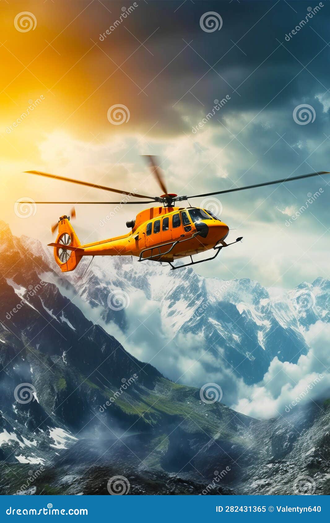Helicopter Flying Over Mountain Range with the Sun Shining through the ...