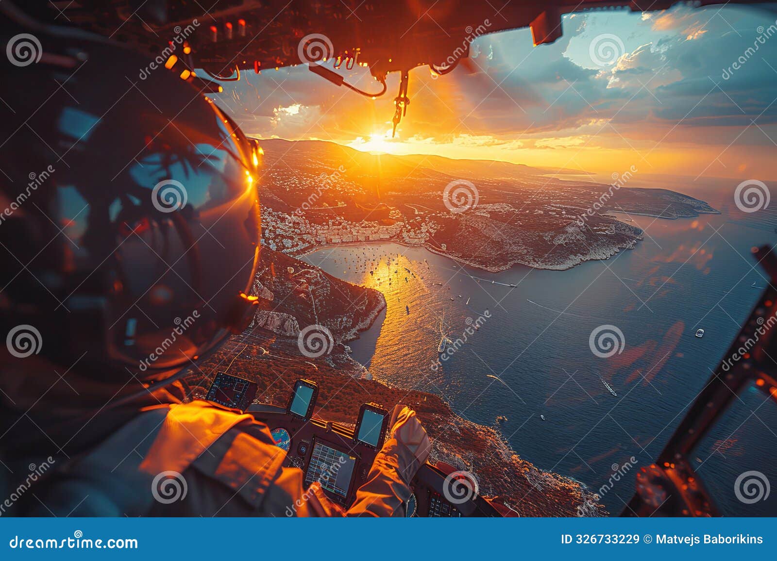 Helicopter Flying Over the Ocean in Sunny Weather with a View from ...