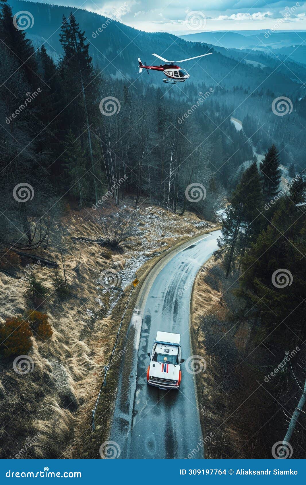 A Helicopter Flying Over a Road with a Car and Trees Stock Photo ...