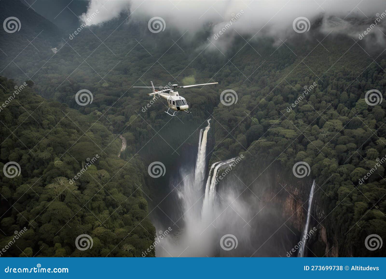 Helicopter Flying Over Smoking Jungle, with View of Distant Waterfall ...