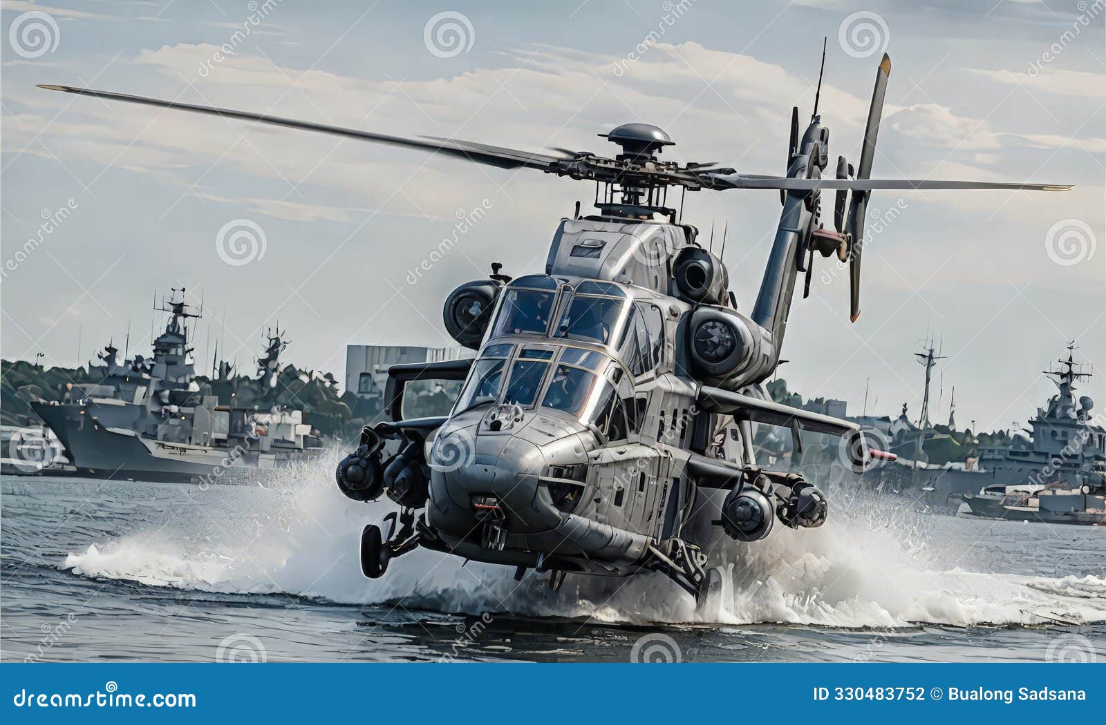 Helicopter is Flying Over the Water Stock Illustration - Illustration ...