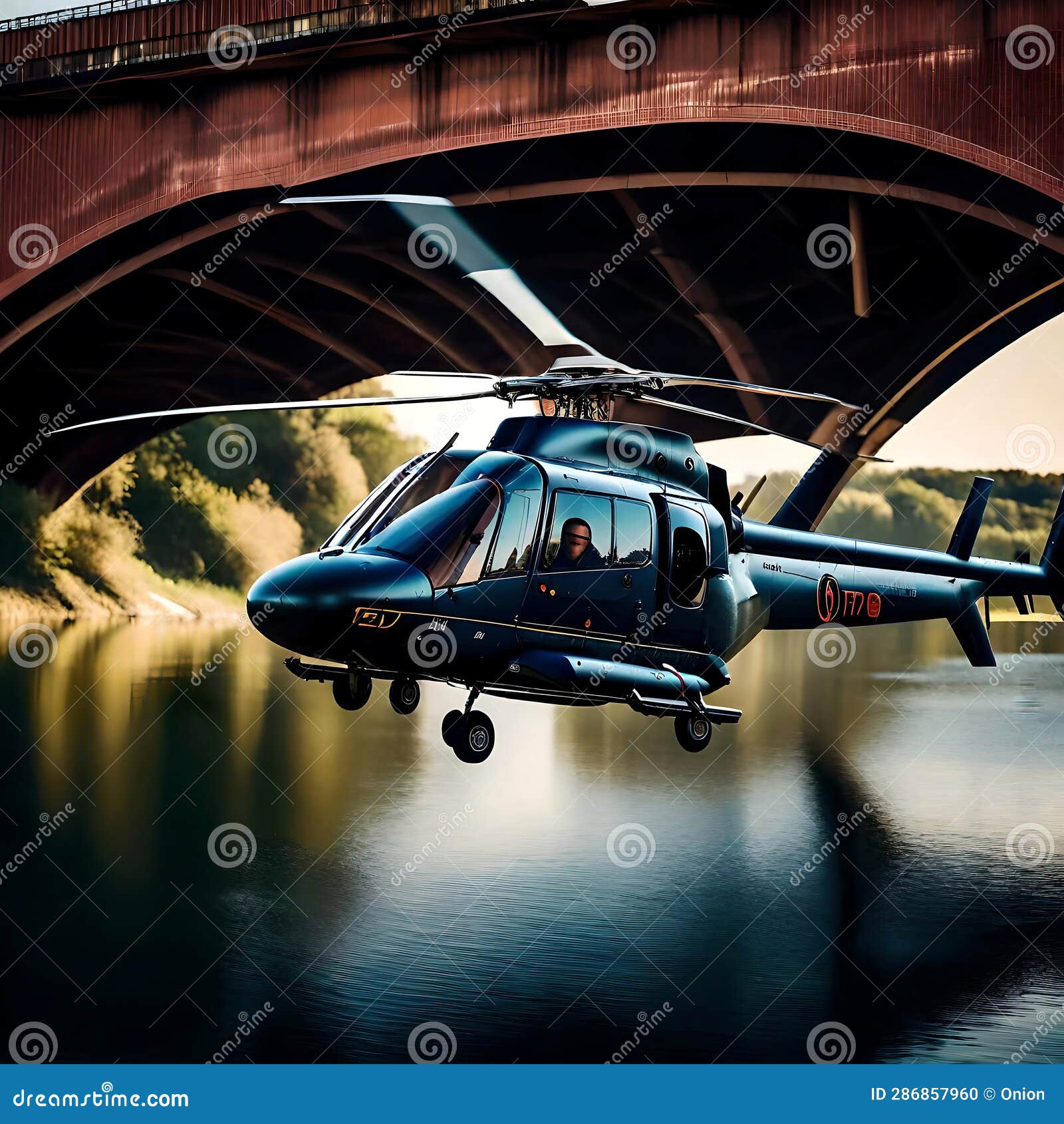 Helicopter Flying Under a Bridge - Ai Generated Image Stock ...