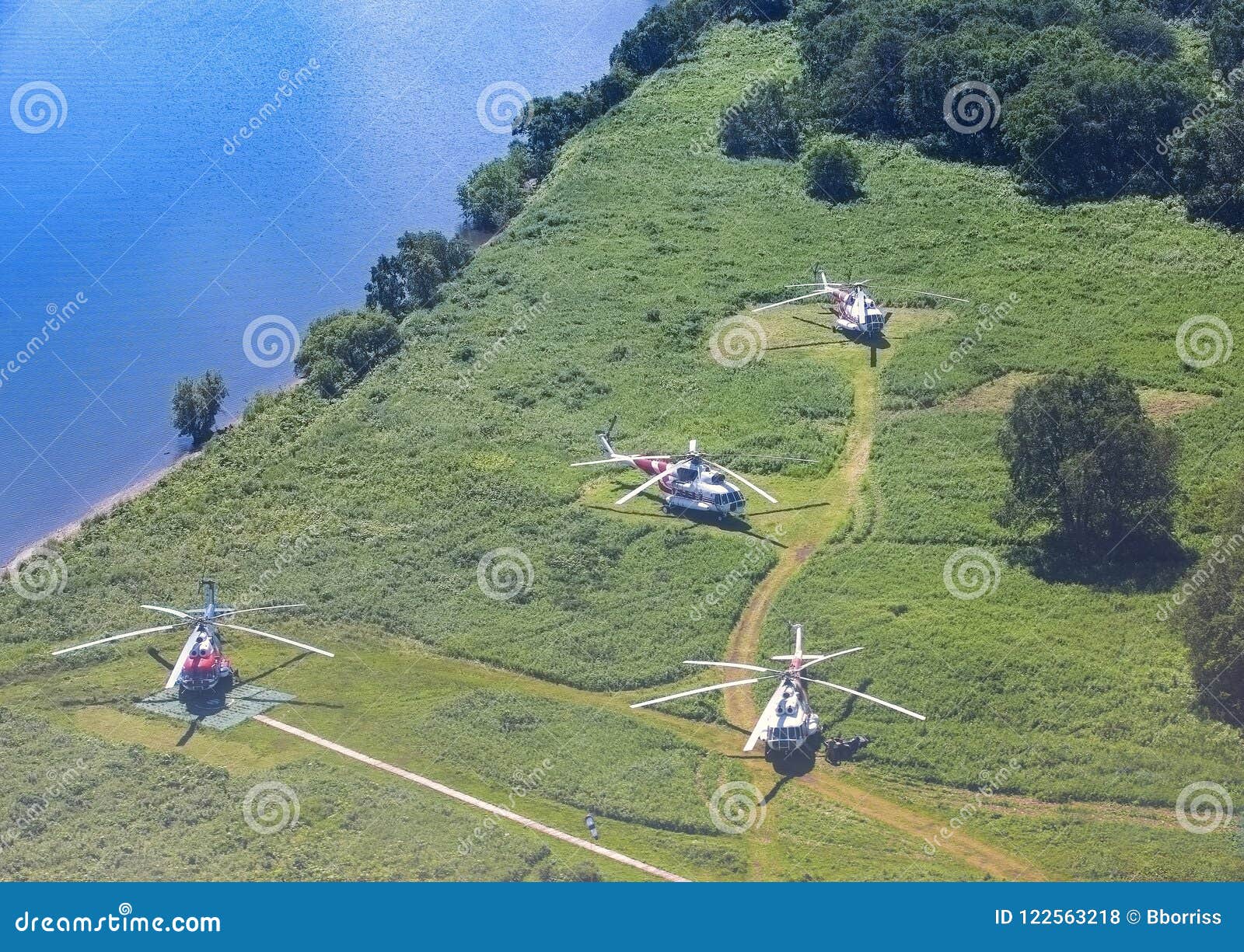 The Helicopter in the Forest in the Clearing. View from Above Stock ...