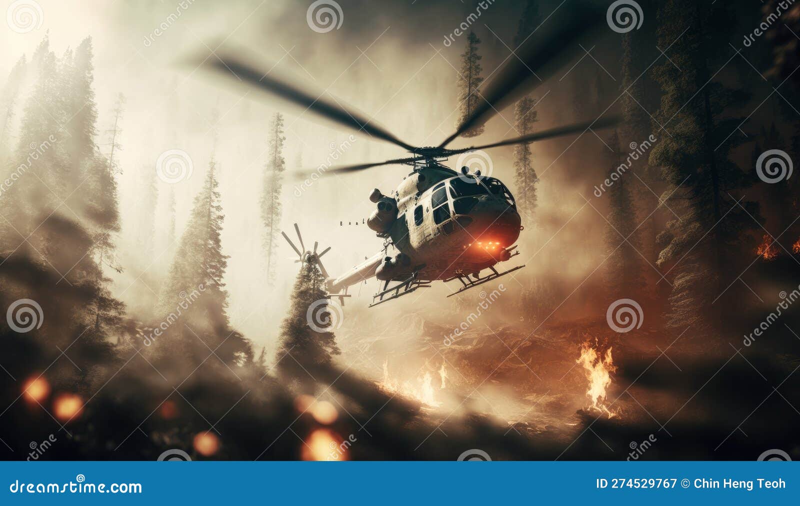 Helicopter in the Forest. Fire Fighting Scene Stock Illustration ...