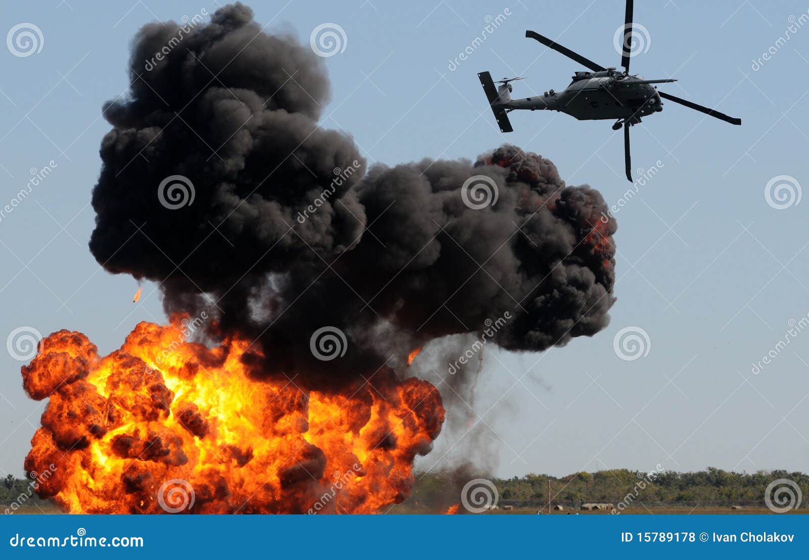 Helicopter in Ground Attack Stock Photo - Image of chopper, explosive ...