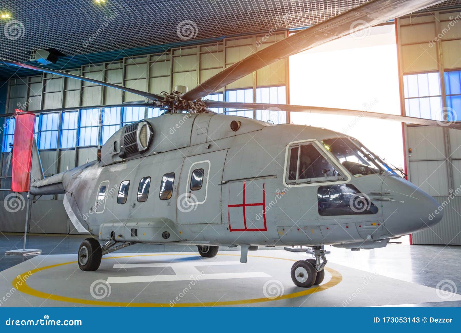 Helicopter in Hangar with Open Gates for Repair and Production Stock ...