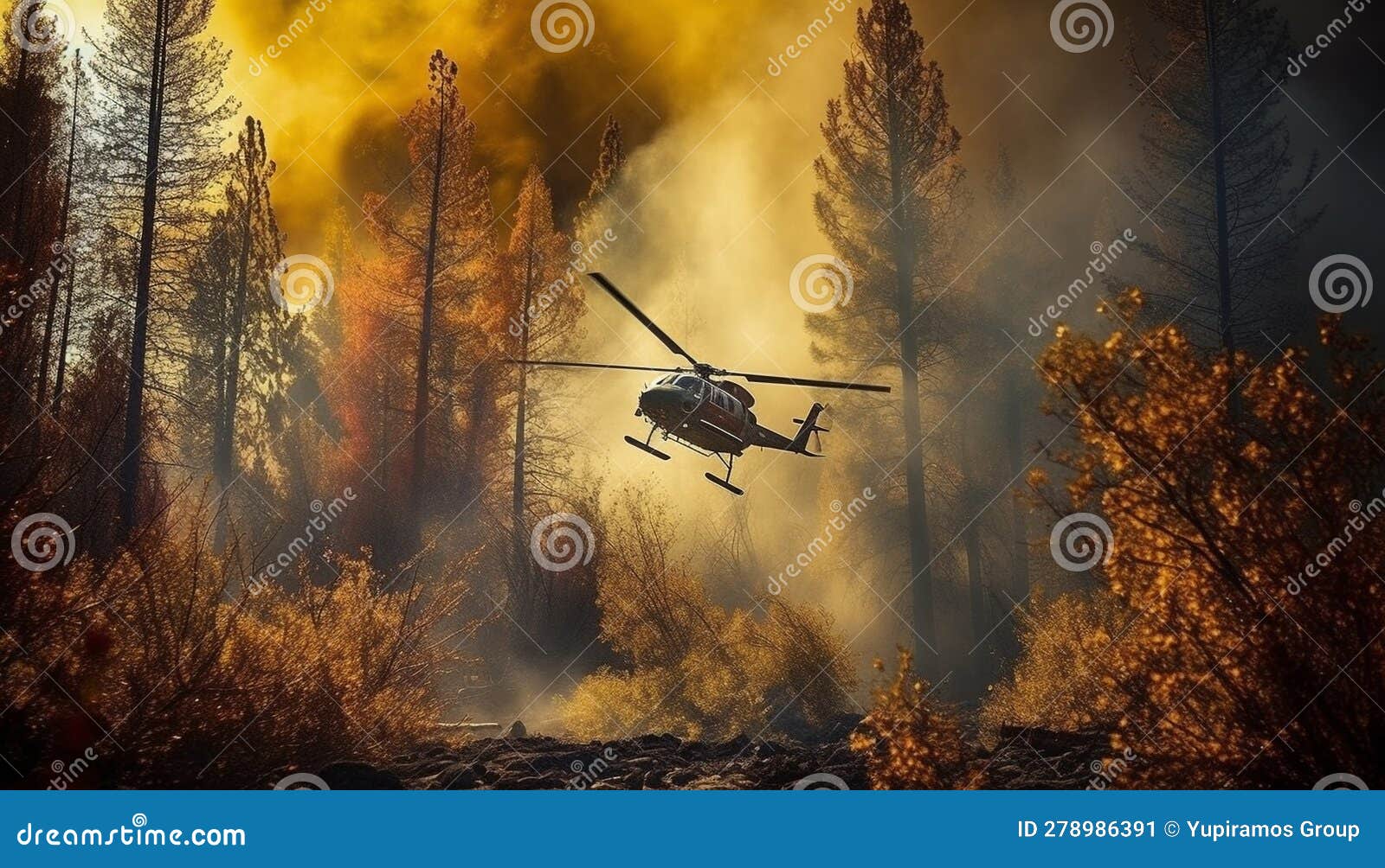 Helicopter Hovering Mid Air, Extinguishing Forest Fire with Water ...