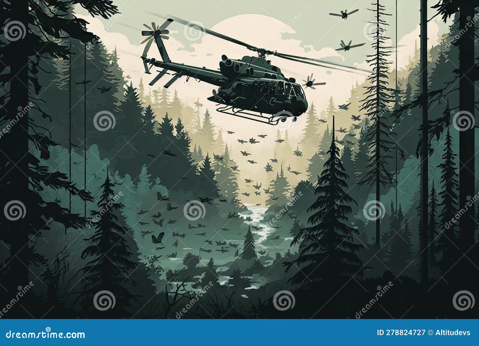 Helicopter Hovering Over Forest, with Birds Flying Below Stock ...