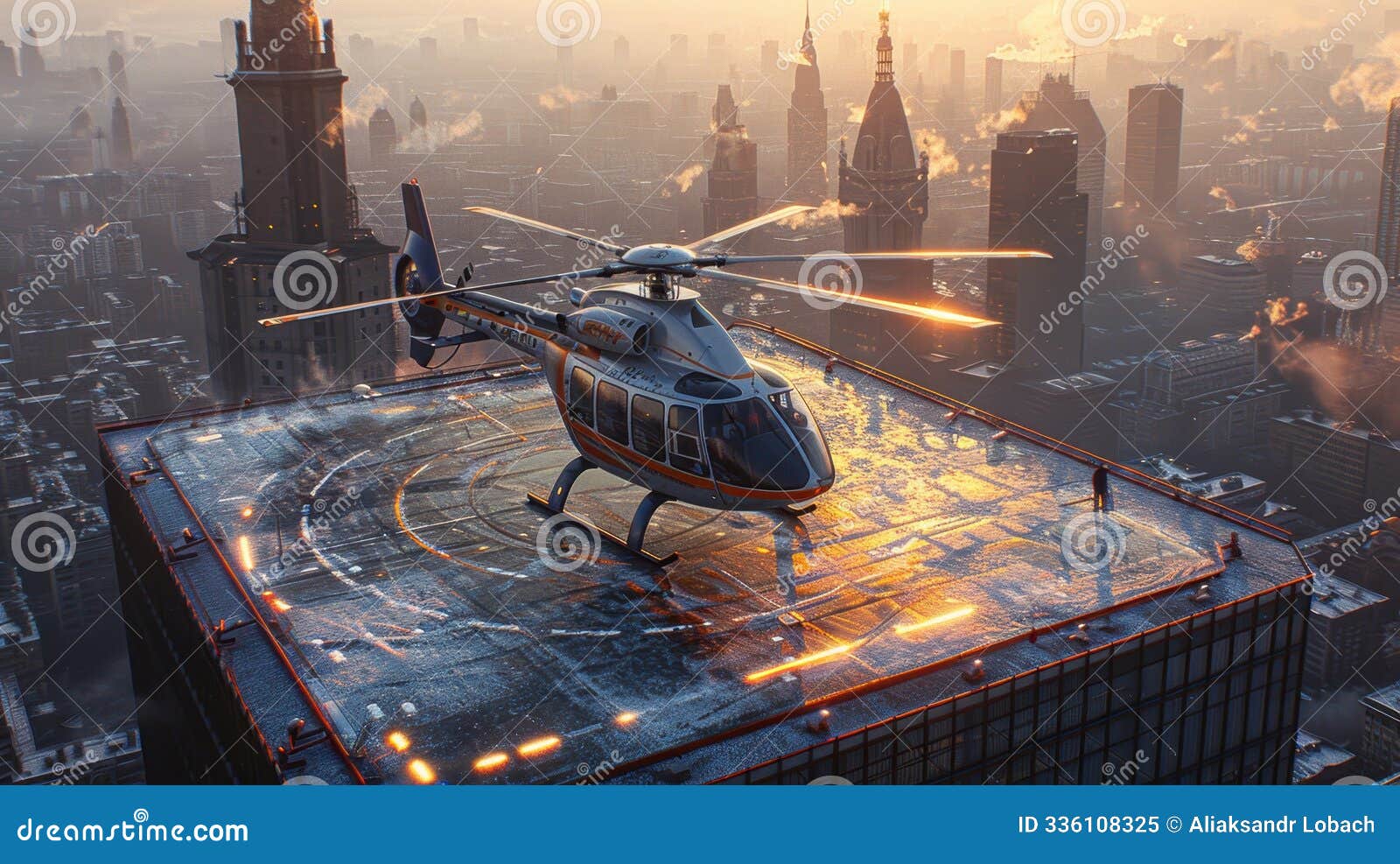 A Helicopter Landing on the Helipad of a Skyscraper. Building with a ...
