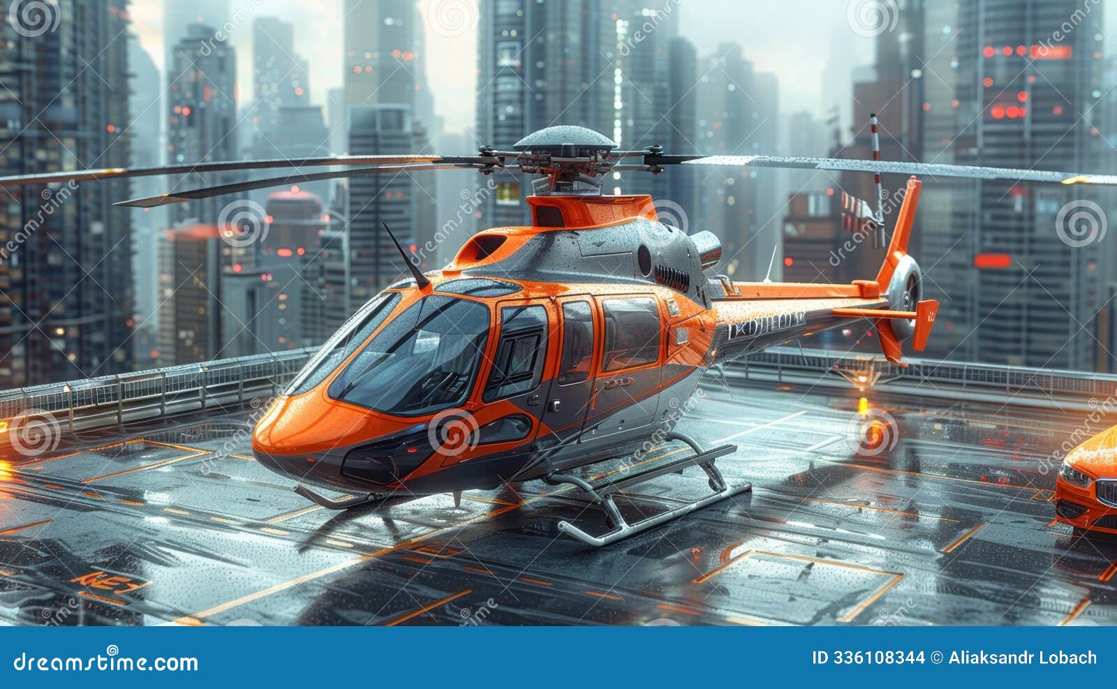 A Helicopter Landing on the Helipad of a Skyscraper. Building with a ...