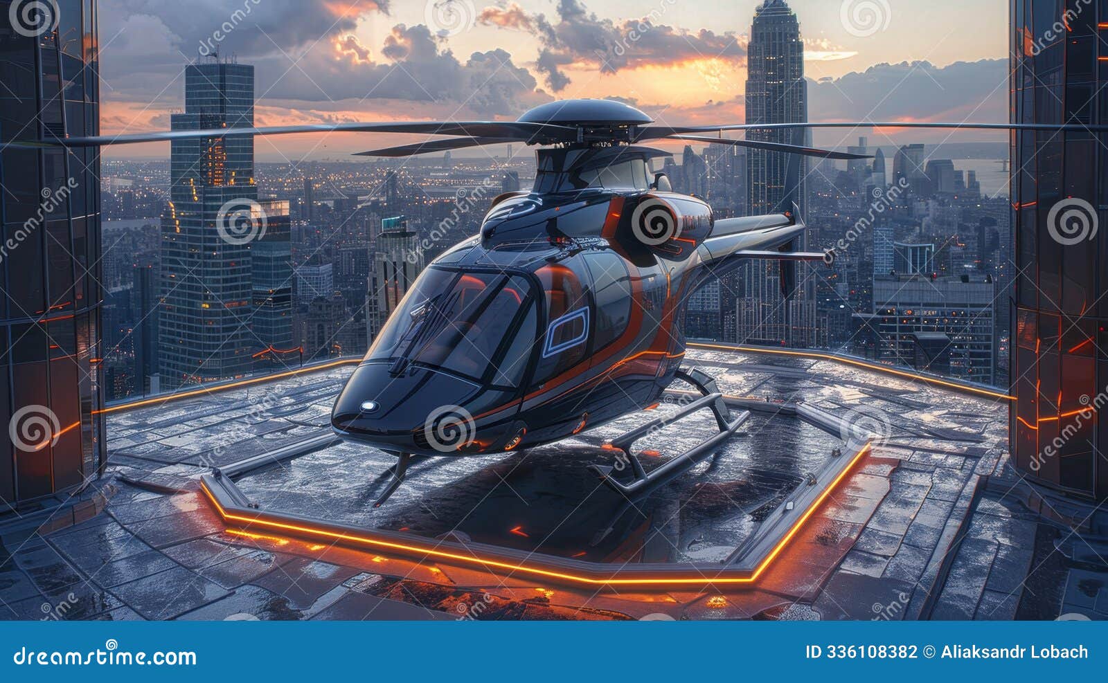 A Helicopter Landing on the Helipad of a Skyscraper. Building with a ...