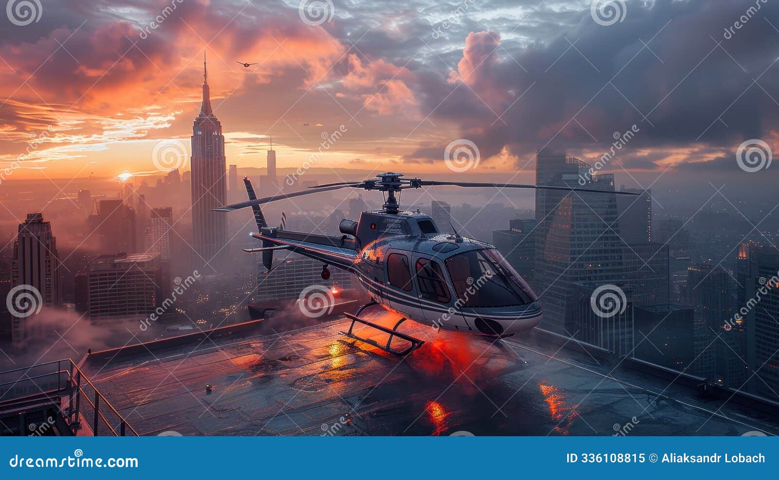 A Helicopter Landing on the Helipad of a Skyscraper. Building with a ...