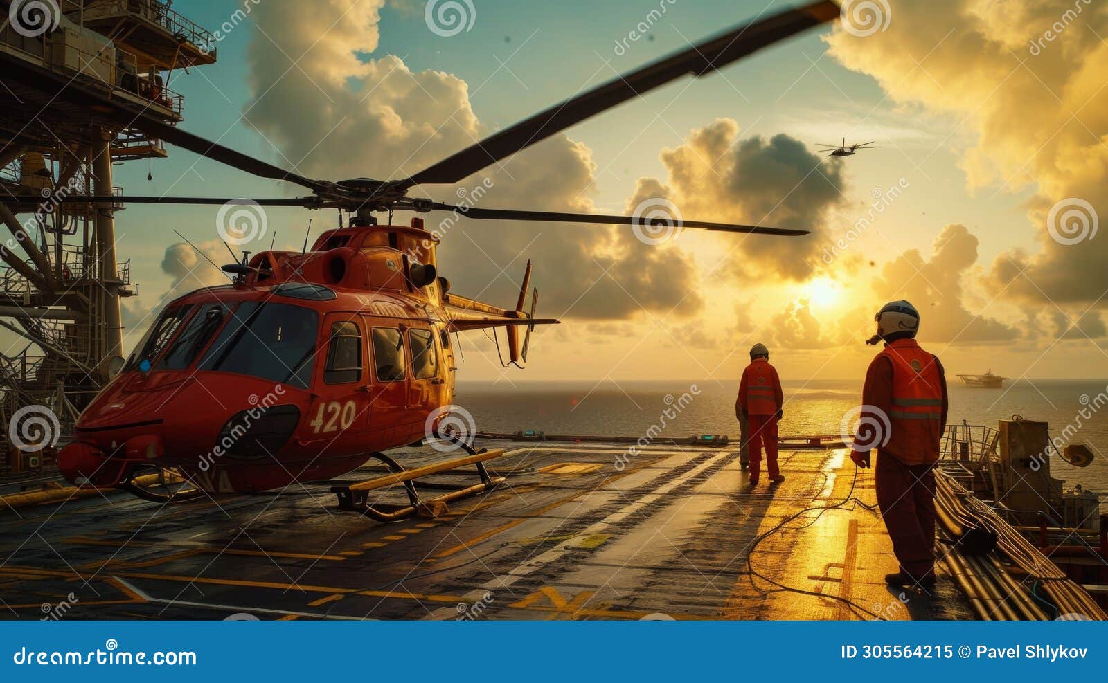 The Helicopter Landing at Oil Rig Platform Stock Image - Image of ...