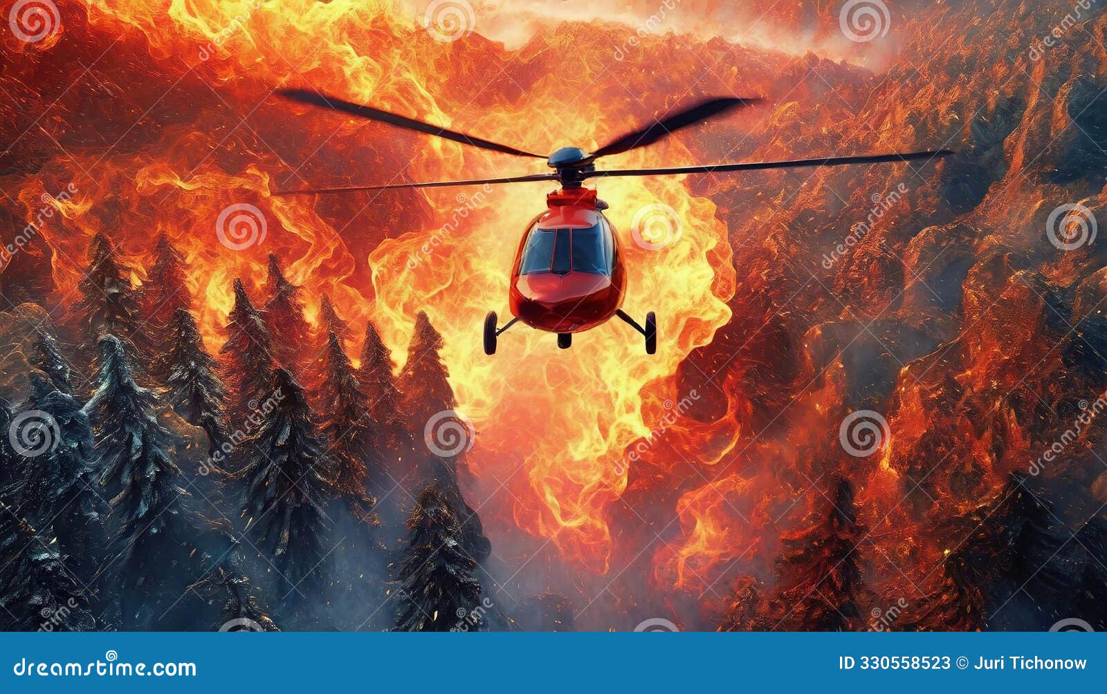Helicopter Over a Forest Fire. Aerial Firefighting at Natural Disasters ...