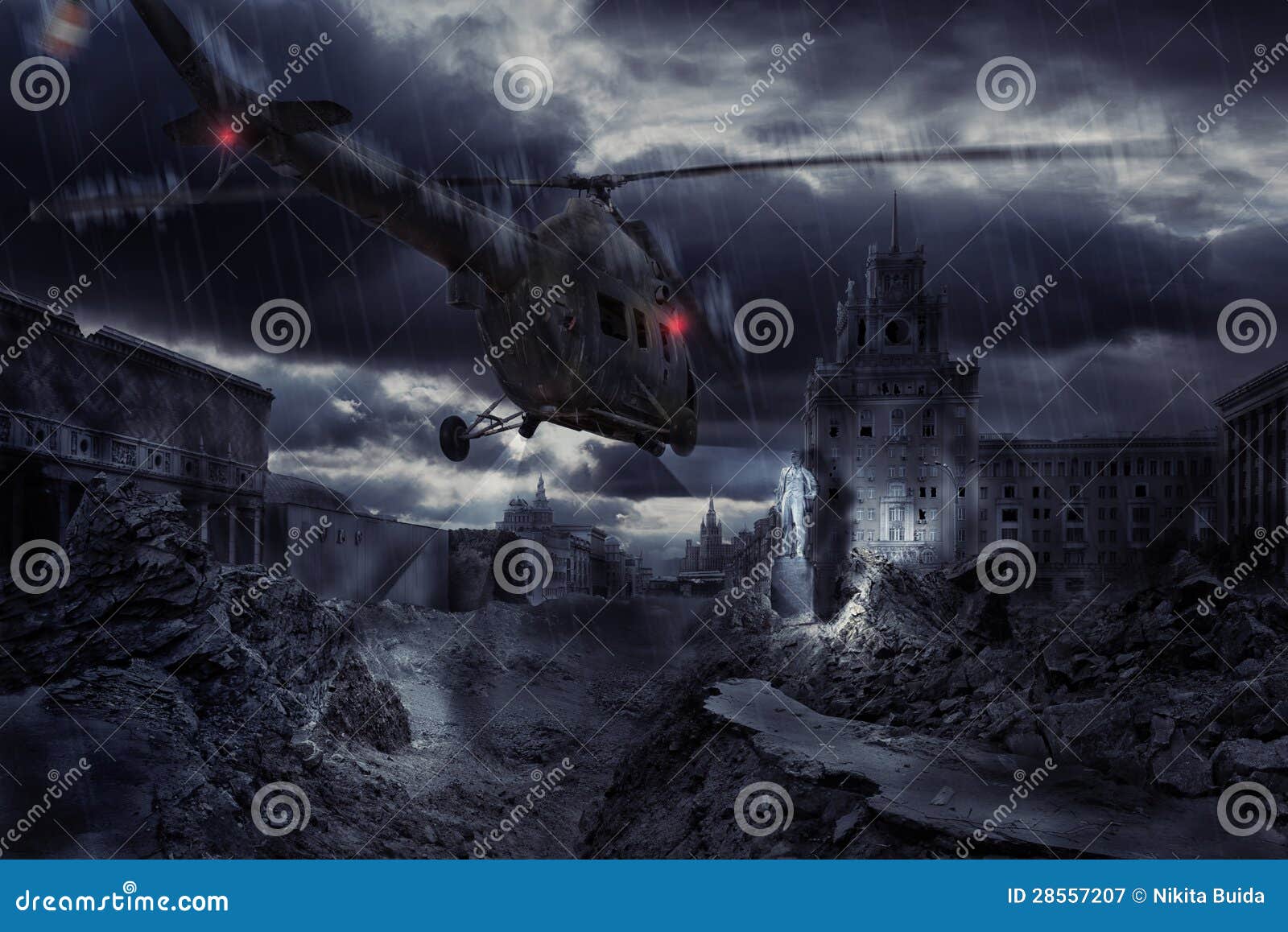 Helicopter Over Ruined City during Storm Stock Image - Image of ...