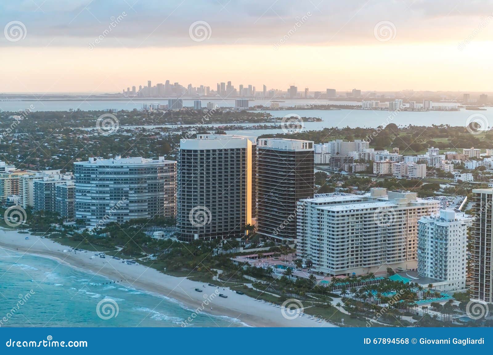 Helicopter Sunset View of Miami Beach, Florida Stock Photo - Image of ...
