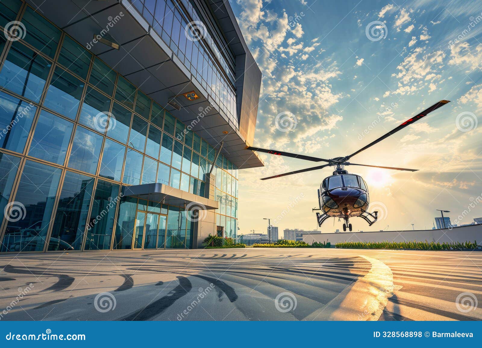 Helicopter Taking Off from a Helipad Near Office Building Stock Photo ...