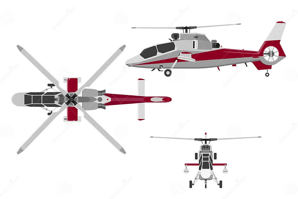 The Helicopter in Three Views: Top View, Side, Front. Realistic Stock ...