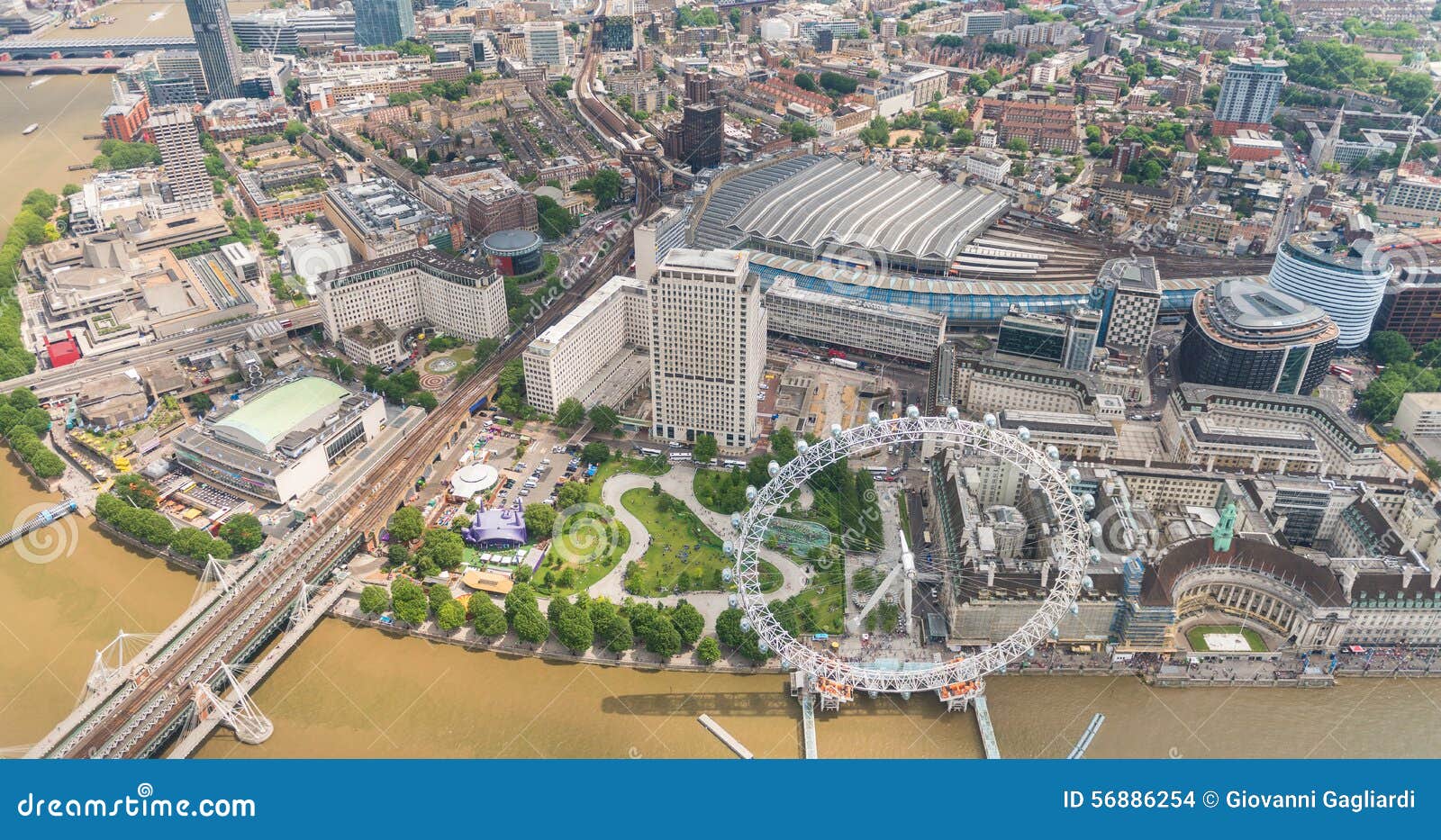 Helicopter View of London Along Thames River with Waterloo Train ...