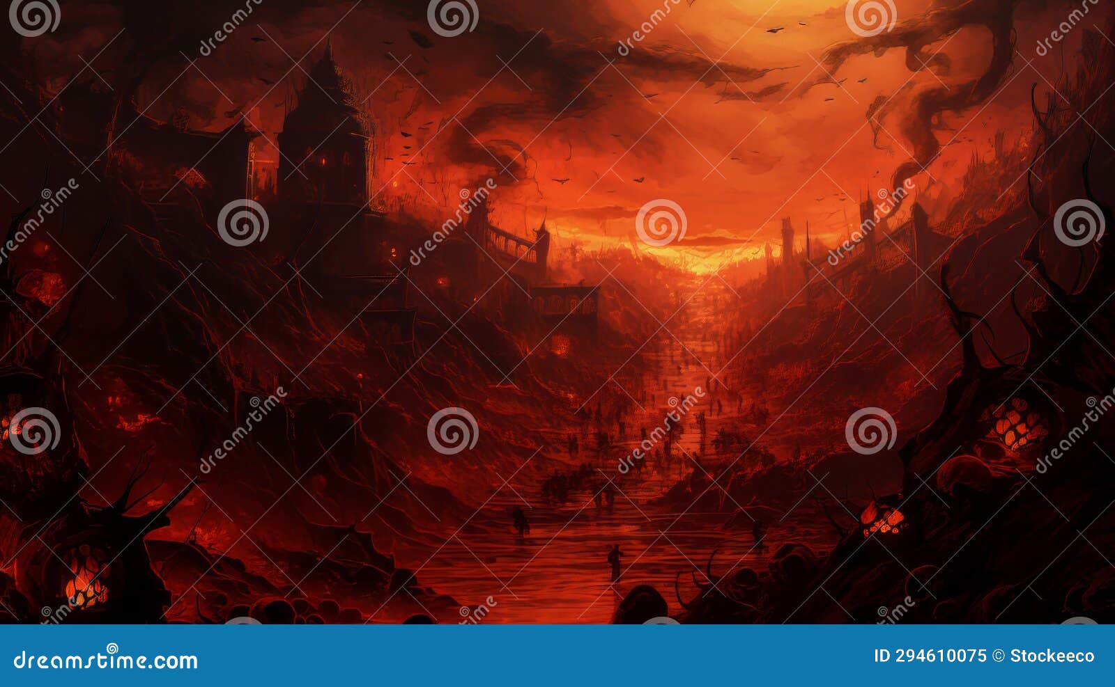 Hellfire City a Macabre Metropolis Ravaged by Lightning and Fire Stock ...