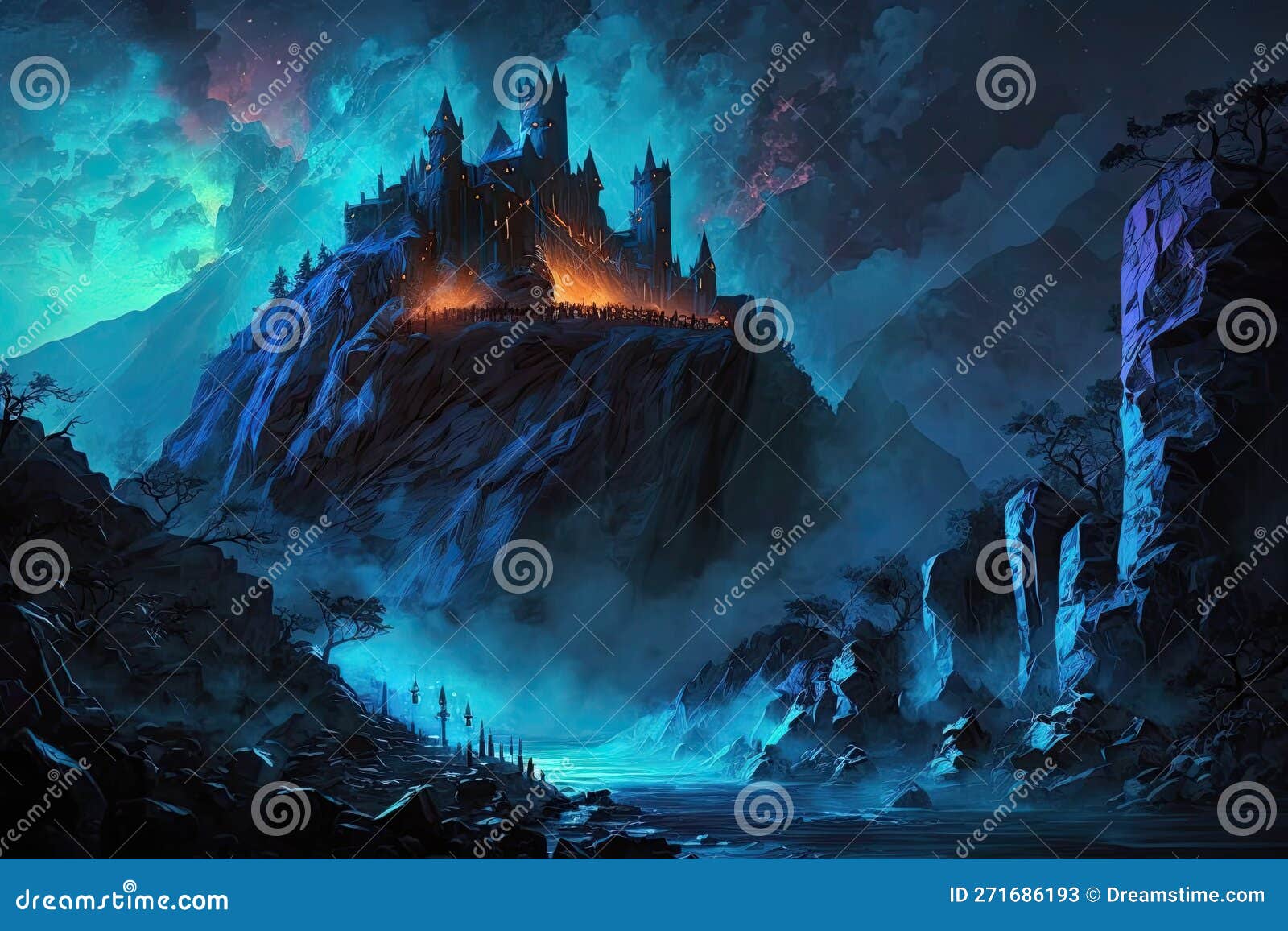 Hellish Atmosphere, a Dark Castle in a Valley a Digital Painting Stock ...