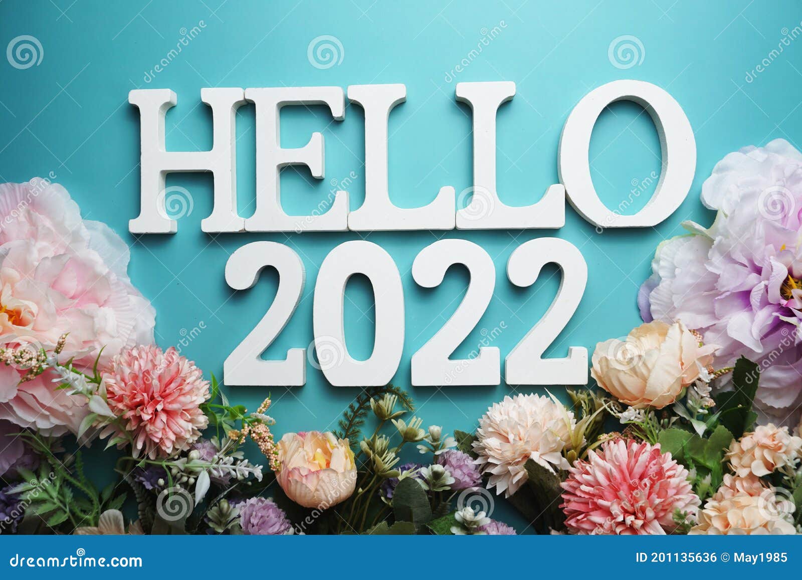 Hello 2022 Alphabet Letter with Flower Decoration on Blue Background ...