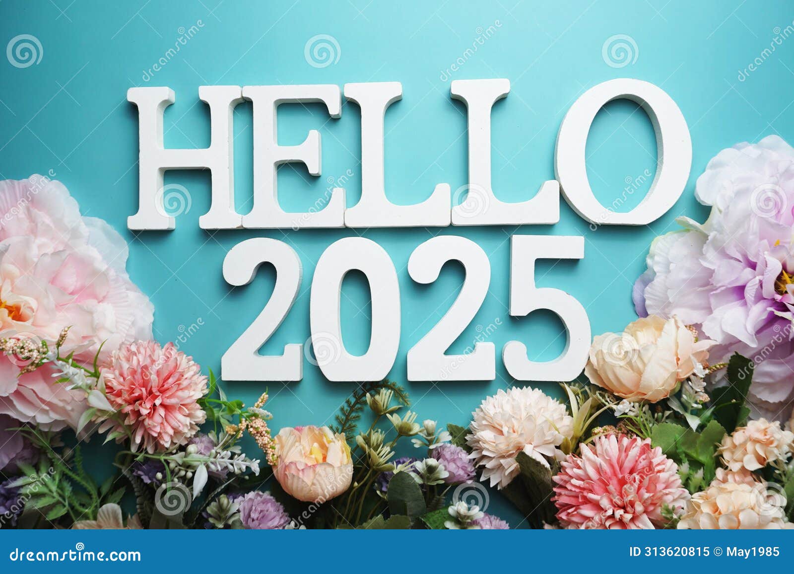 Hello 2025 Alphabet Letter with Flower Decoration on Blue Background ...