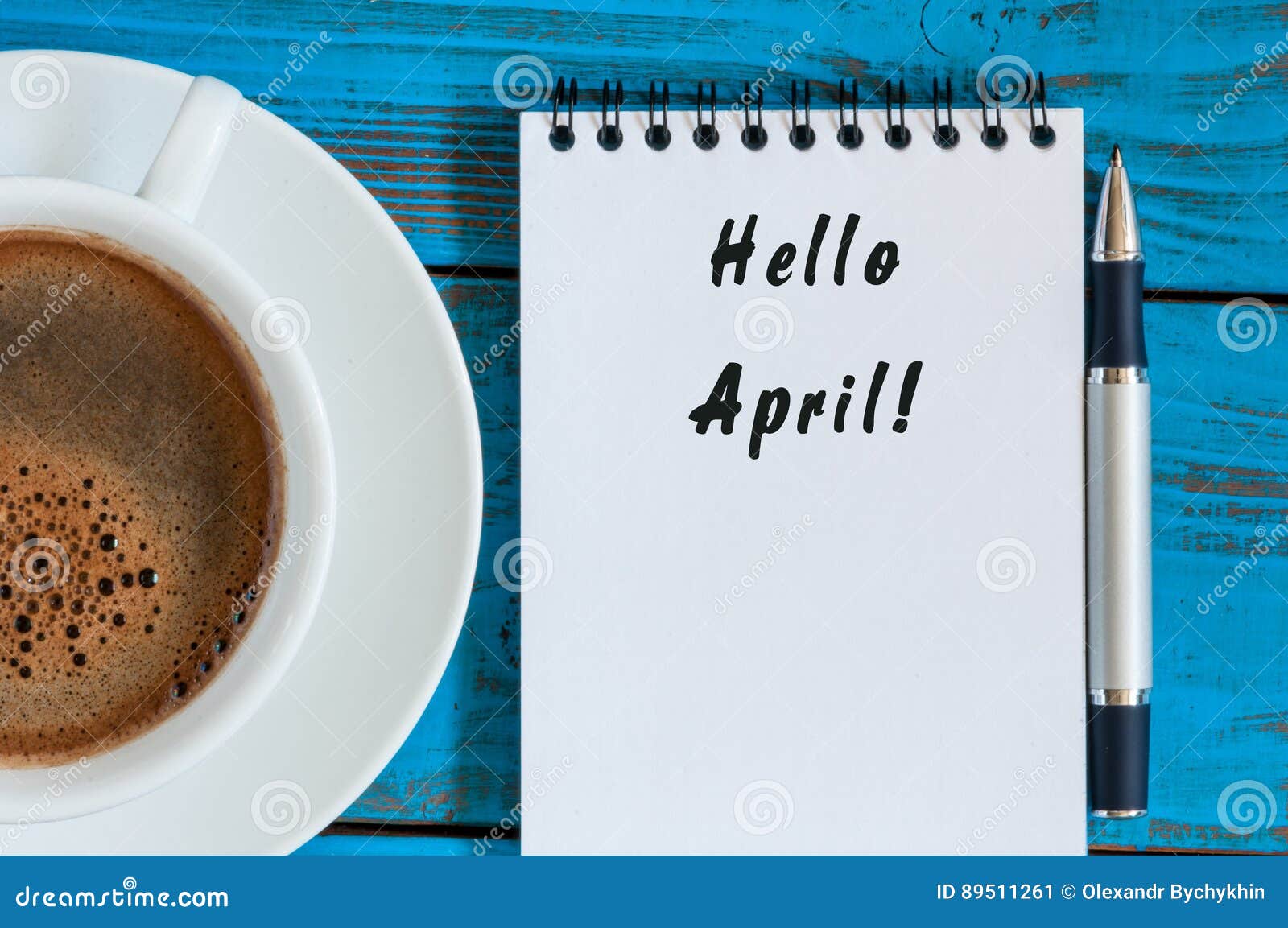 Hello April on Notebook at Blue Rustic Table with Morning Coffee Cup ...