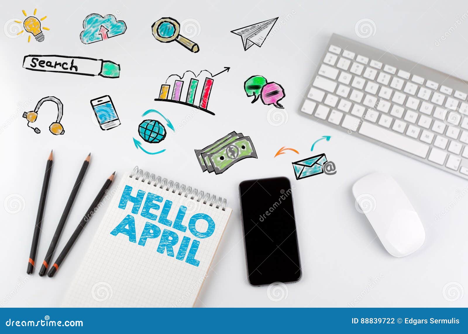 Hello April. Office Desk Table with Computer, Smartphone, Note Pad ...