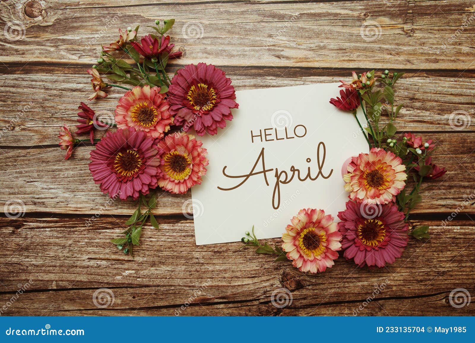 Hello April Typography Text with Flowers on Wooden Background Stock ...