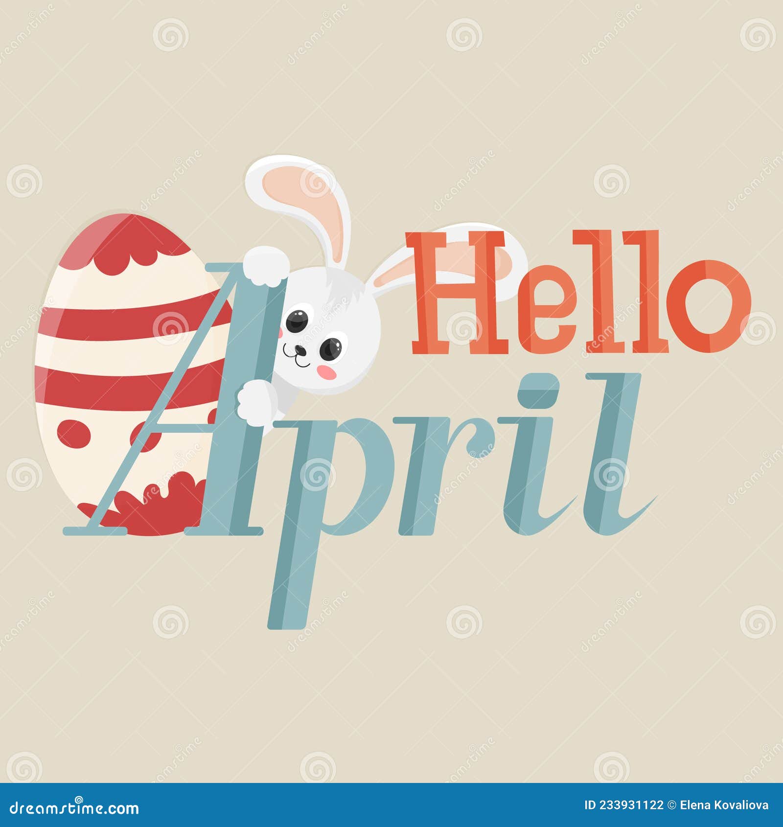 Hello April. Vector Text. Easter Egg and Bunny Hiding Behind the ...