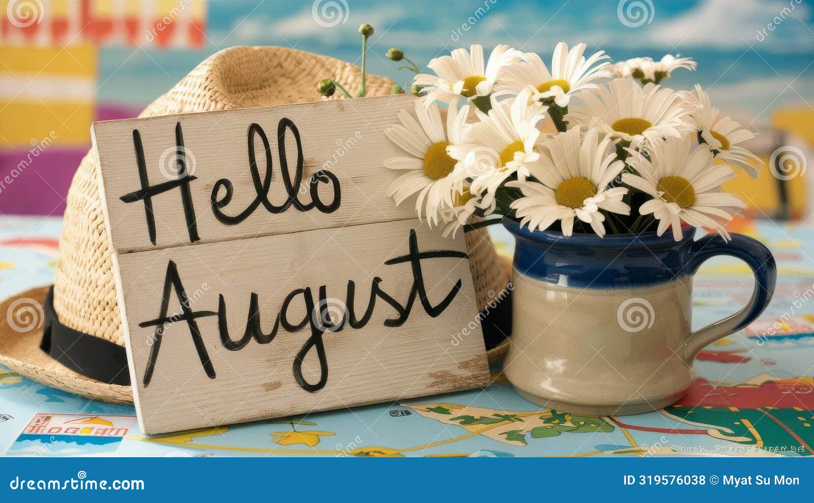 Hello August Greeting Card stock illustration. Illustration of wooden ...
