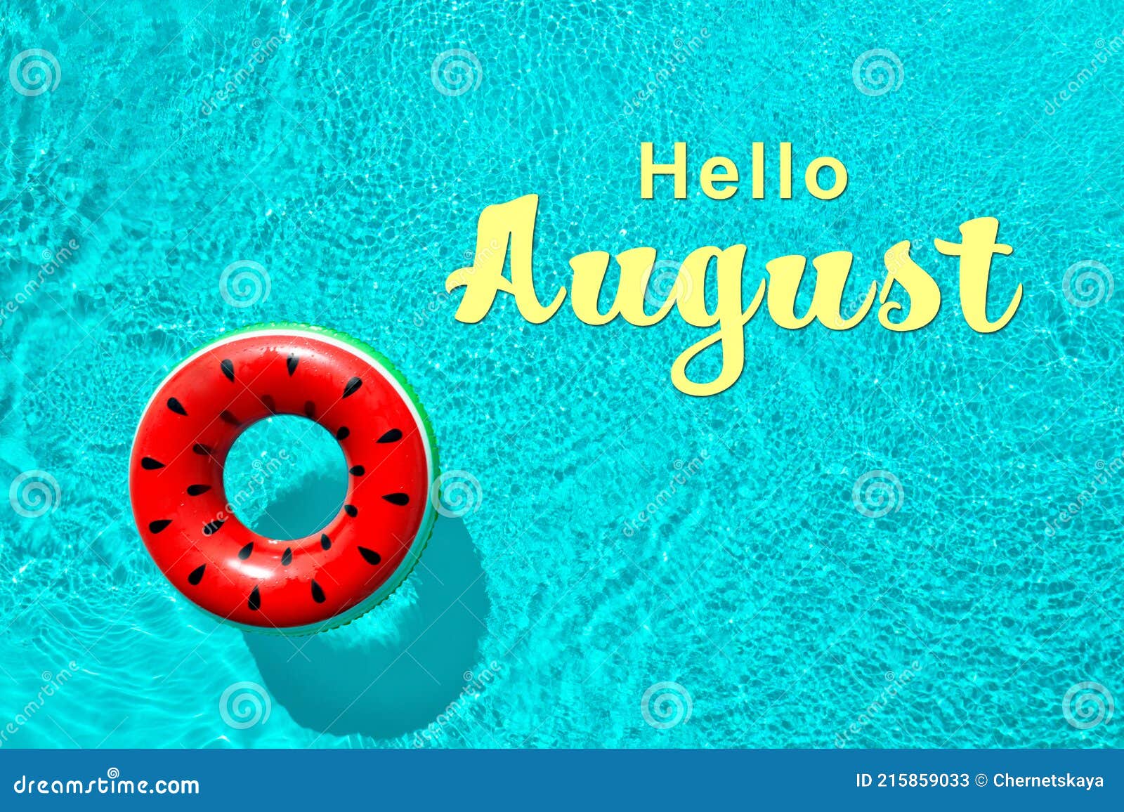 Hello August. Inflatable Ring Floating in Swimming Pool, Top View Stock ...