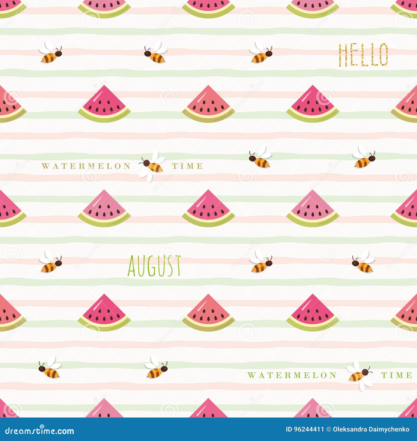Hello August Seamless Pattern with Watermelon Pieces and Flying Bees ...