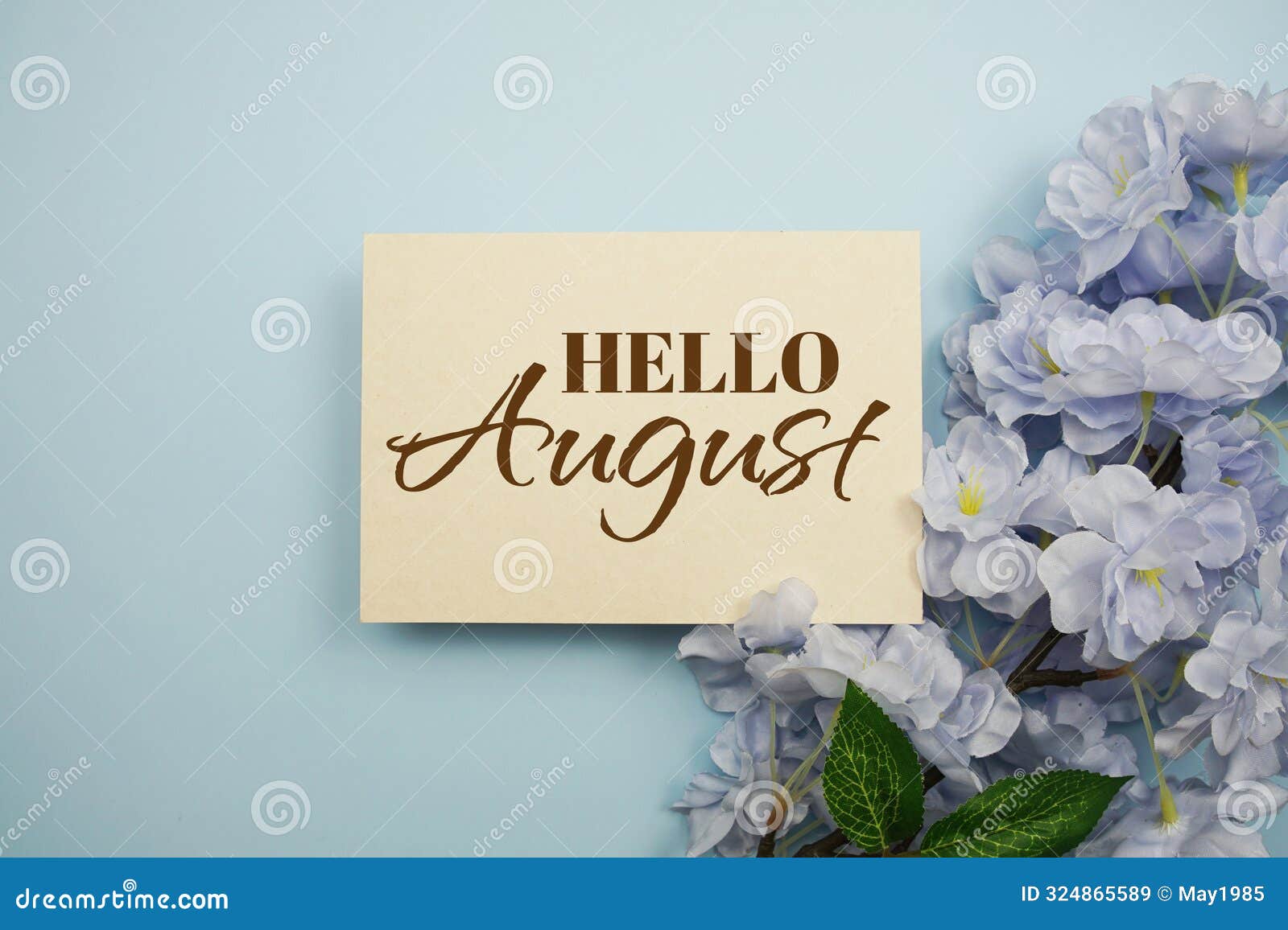 Hello August Text Message with Flower Bouquet on Blue Background Stock ...