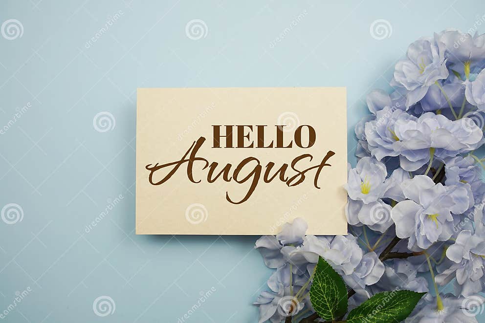 Hello August Text Message with Flower Bouquet on Blue Background Stock ...