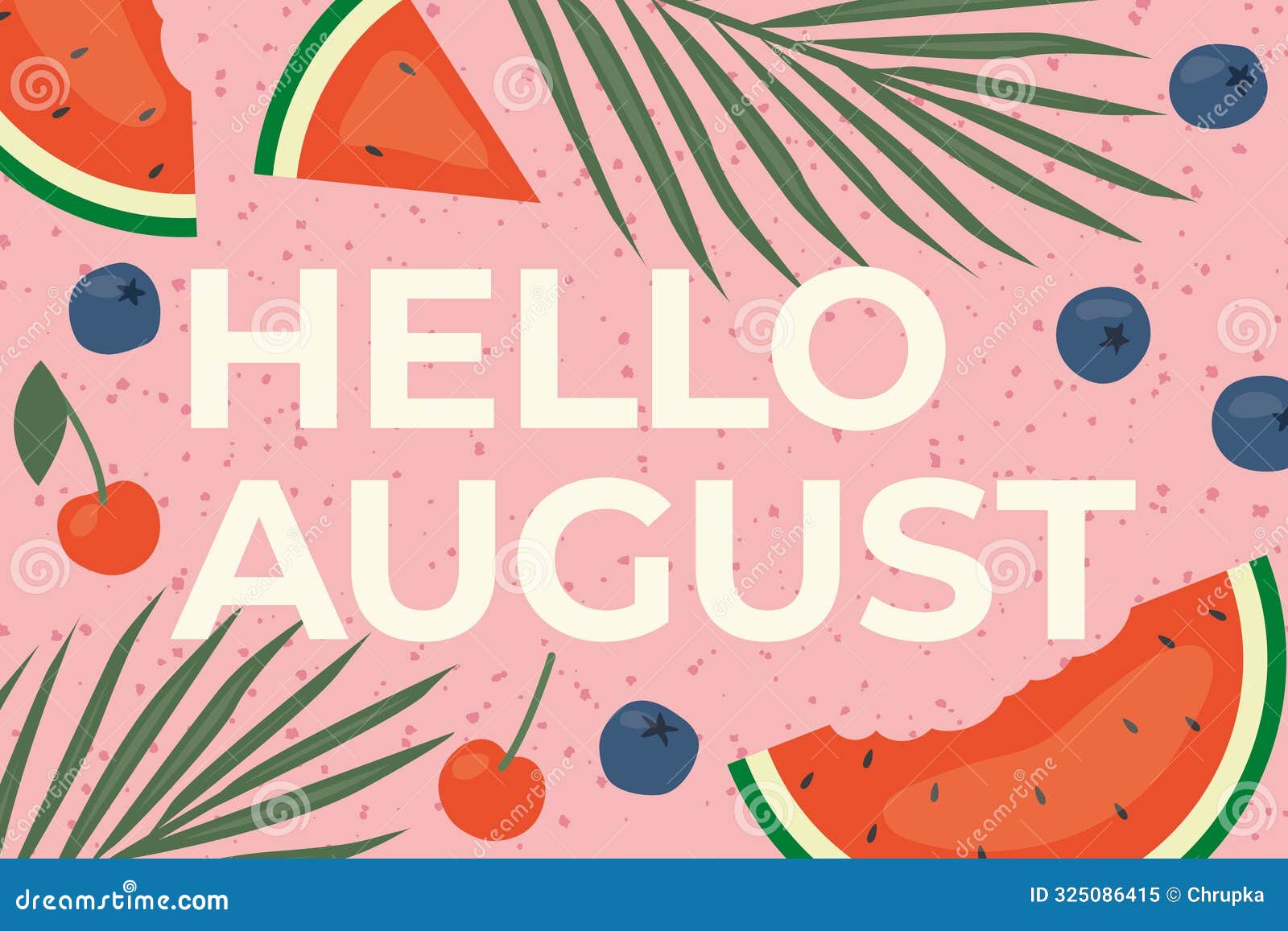 Hello August Text and Summer Fruits and Palm Leaves Stock Illustration ...