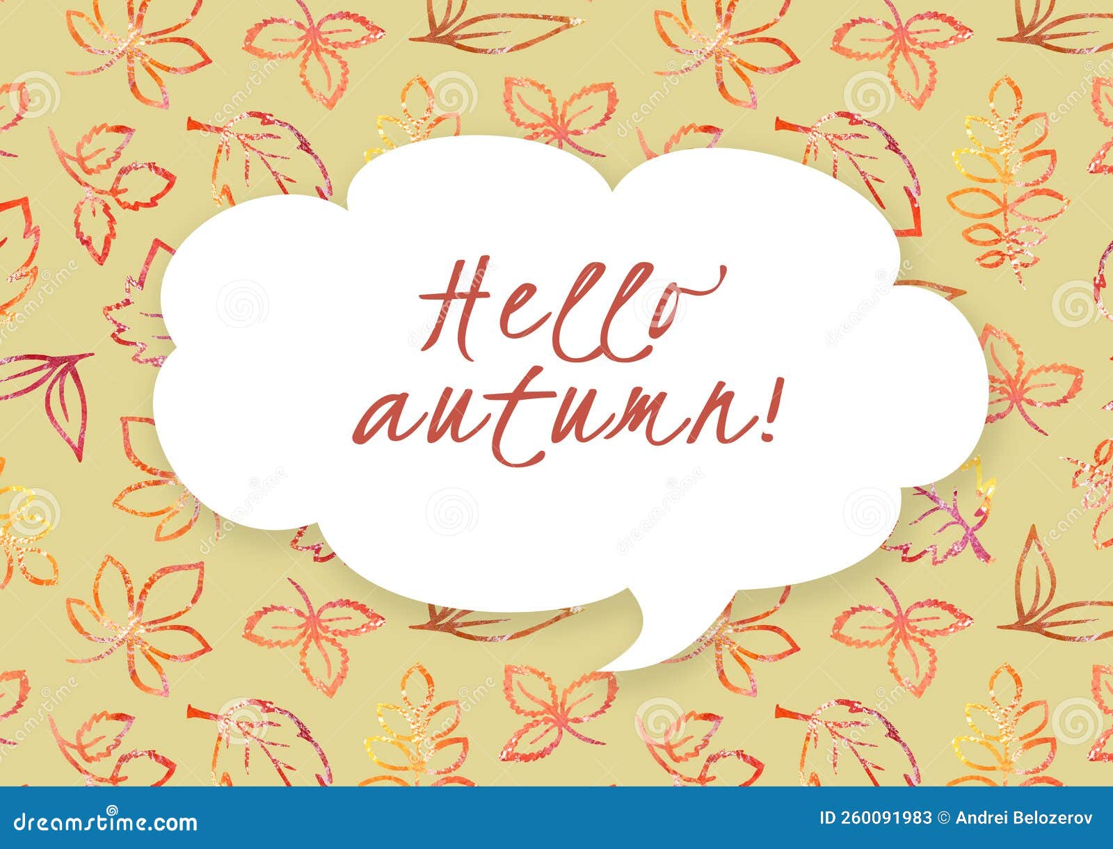 Hello Autumn Banner On A Yellow Background With Leaves Stock