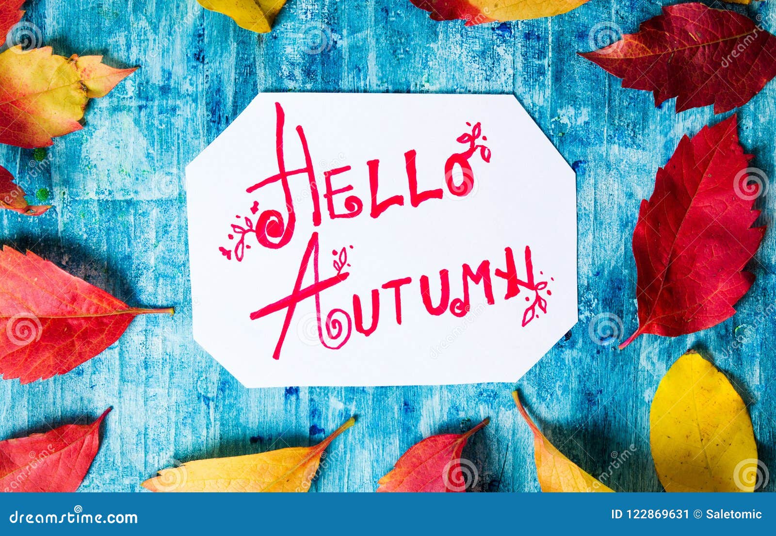 Hello Autumn Calligraphy Note with Fallen Leaves Stock Image - Image of ...
