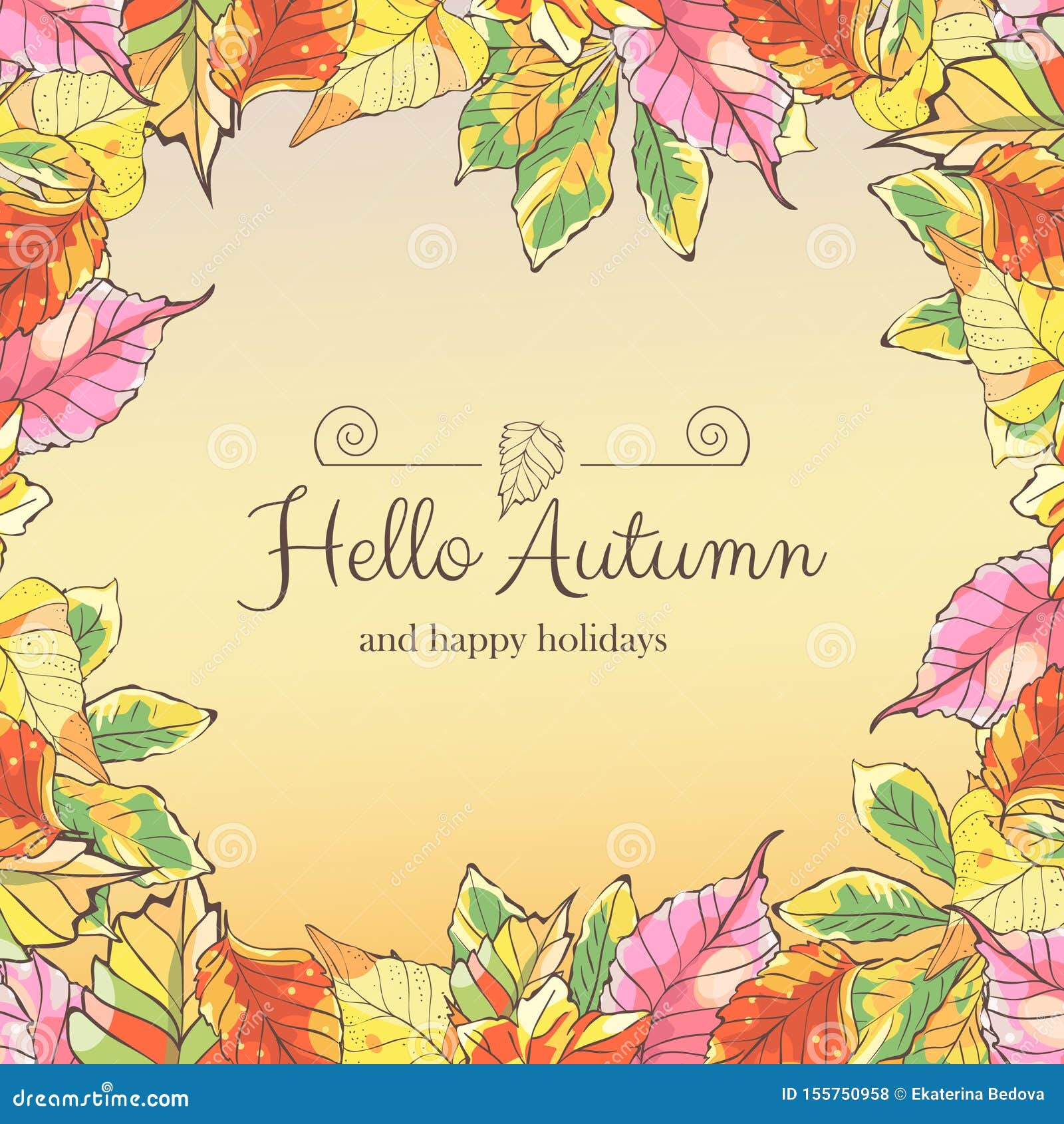 Hello Autumn Card with Leaves Border. Vector Template Stock Vector ...