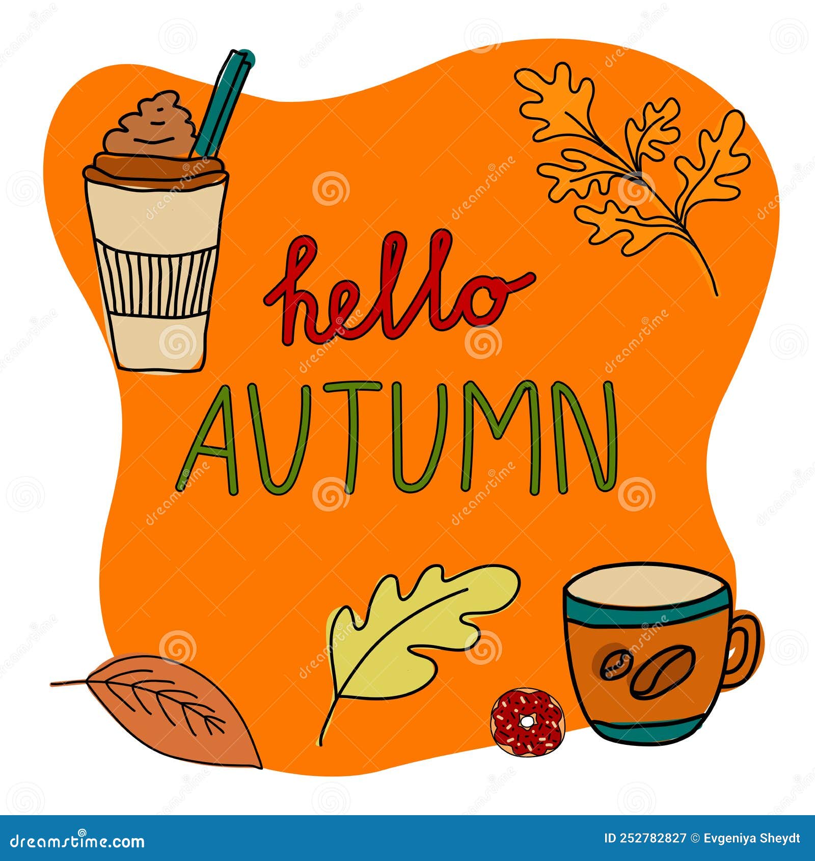 Hello Autumn. Coffee Cup with Autumn Leaves Background Stock Vector ...