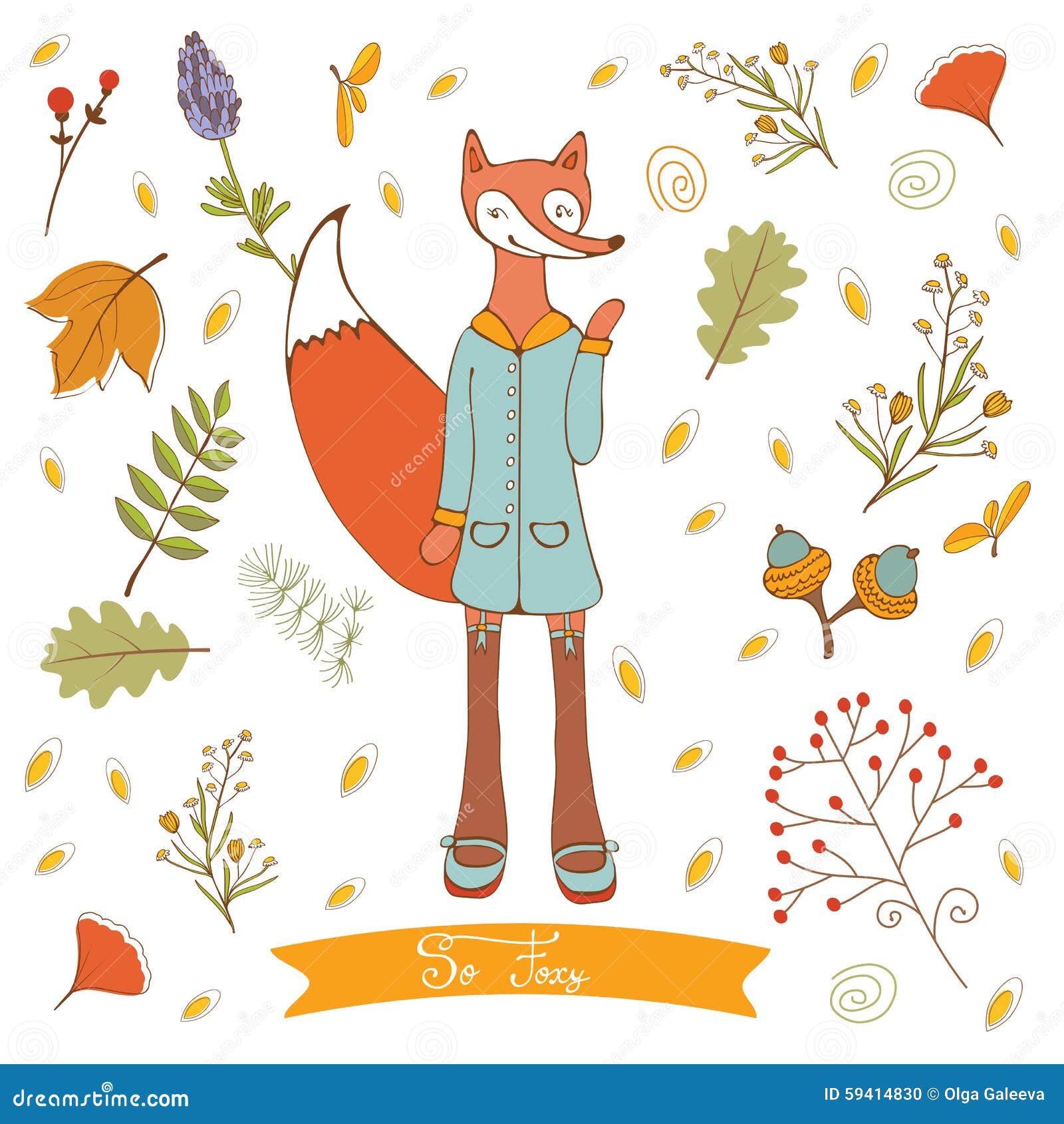 Hello Autumn Elegant Card with Cute Fox Character Stock Vector ...