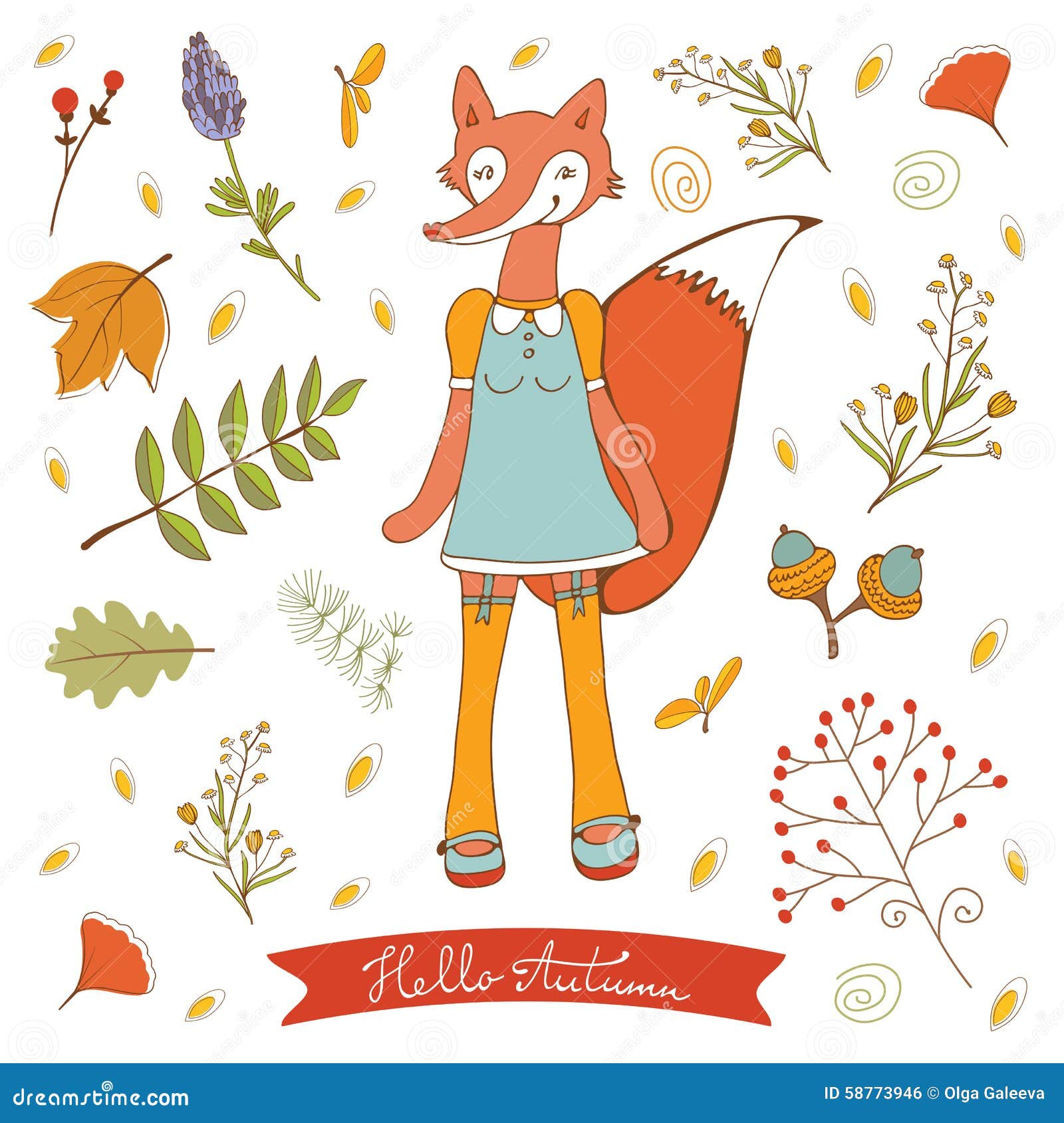 Hello Autumn Elegant Card with Cute Fox Character Stock Vector ...